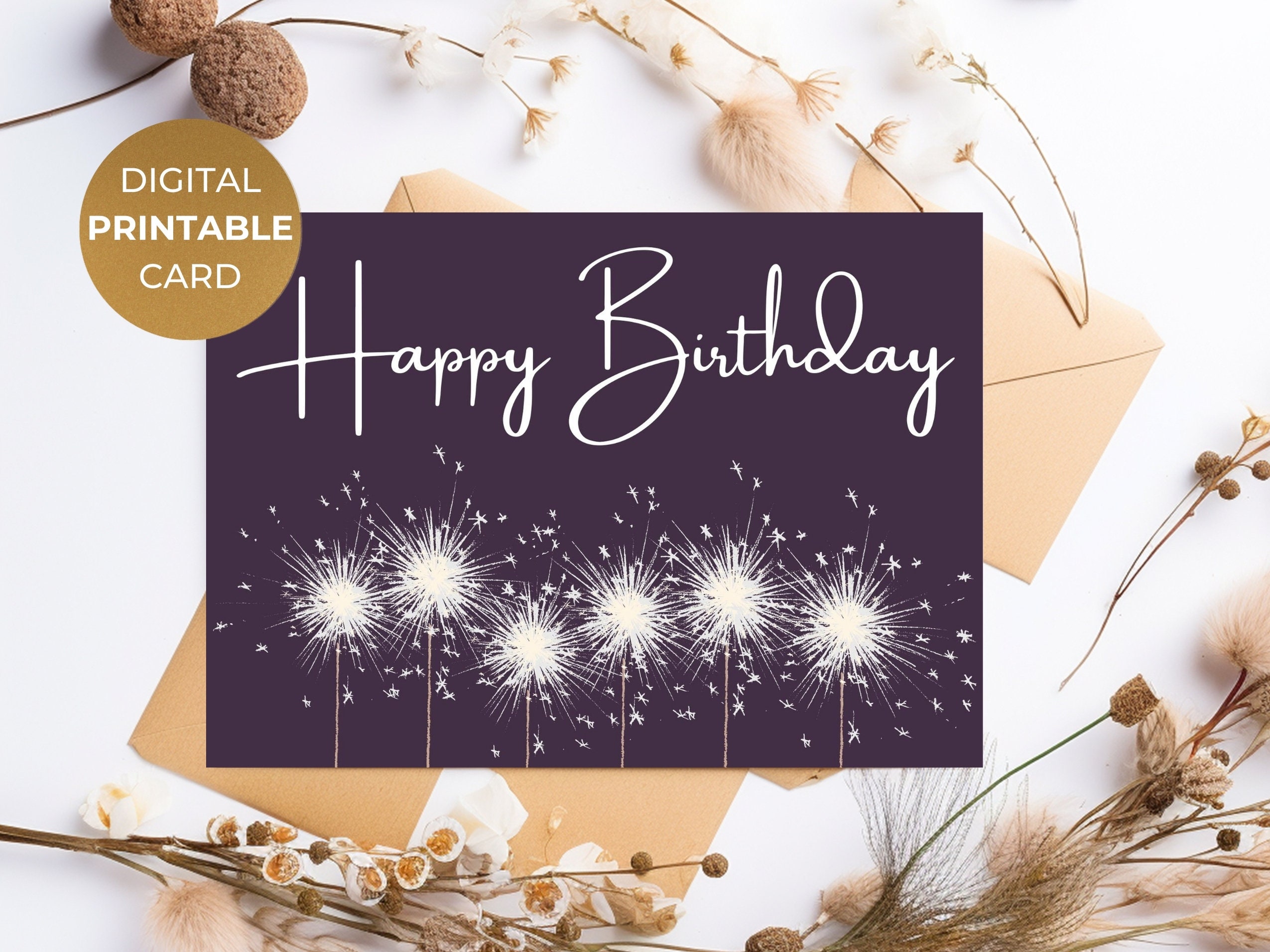 Printable Happy Birthday Card Sparklers, Digital Printable Elegant ...