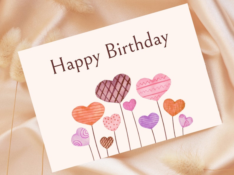 Printable Happy Birthday Card Heart Flowers, Digital Floral Hearts ...