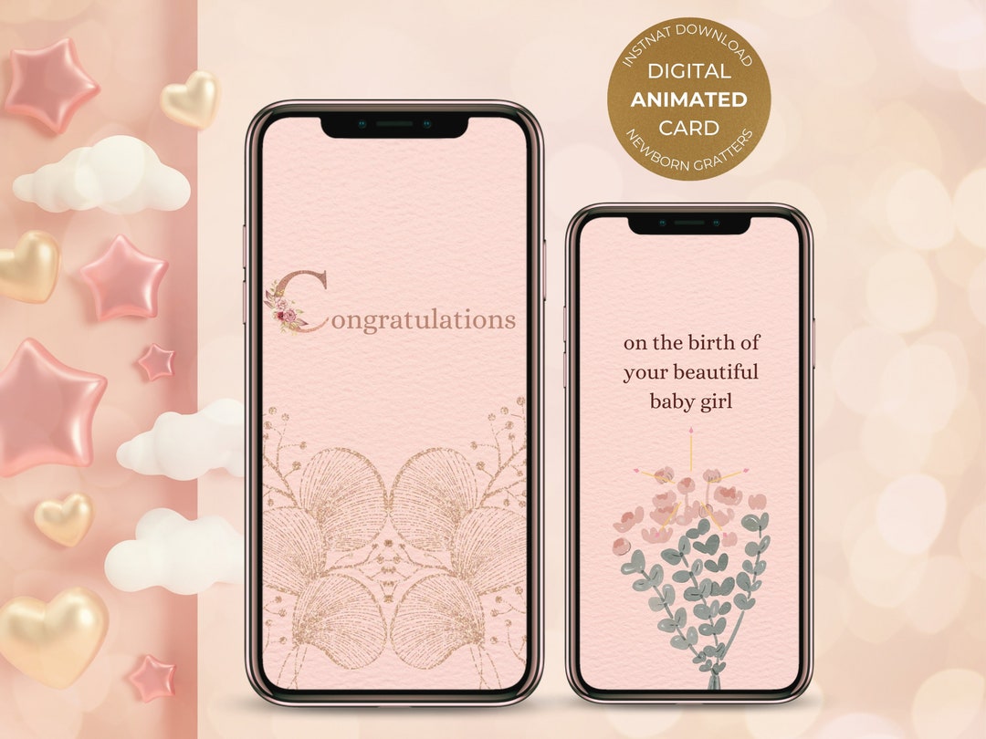 Digital Animated Newborn Baby Girl Birth Greeting Floral Mobile Card ...