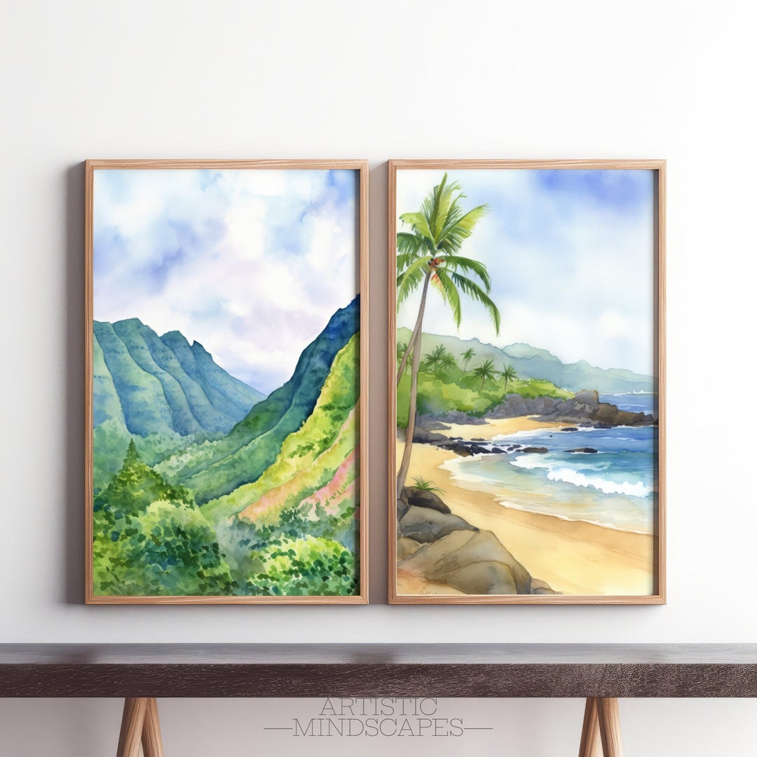 Hawaii Wall Art Set of 2 | Printable Wall Art | Watercolor Beach Art ...