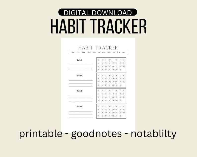 PRINTABLE HABIT TRACKER, Goodnotes, Notability, Monthly Habit Tracker ...