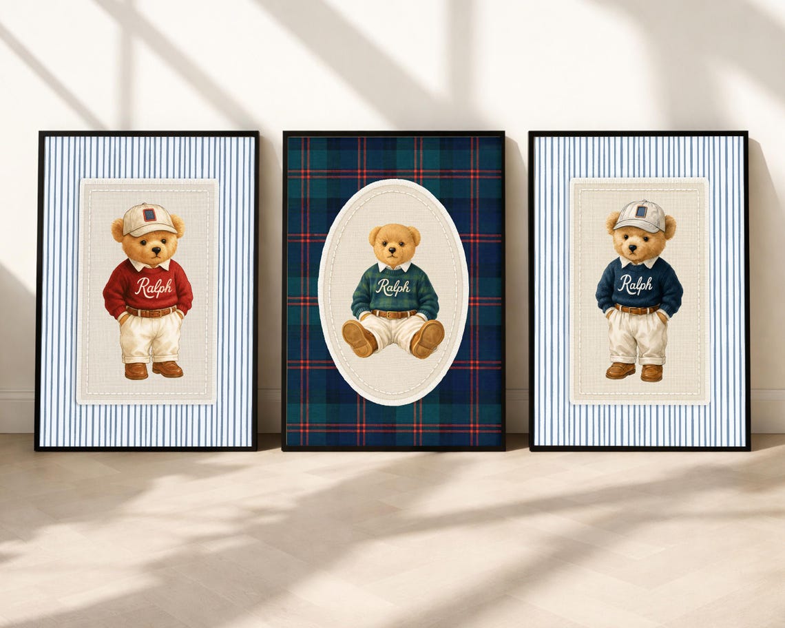 Preppy Teddy Bears Set of 3 Wall Art Print for Nursery or Playroom ...