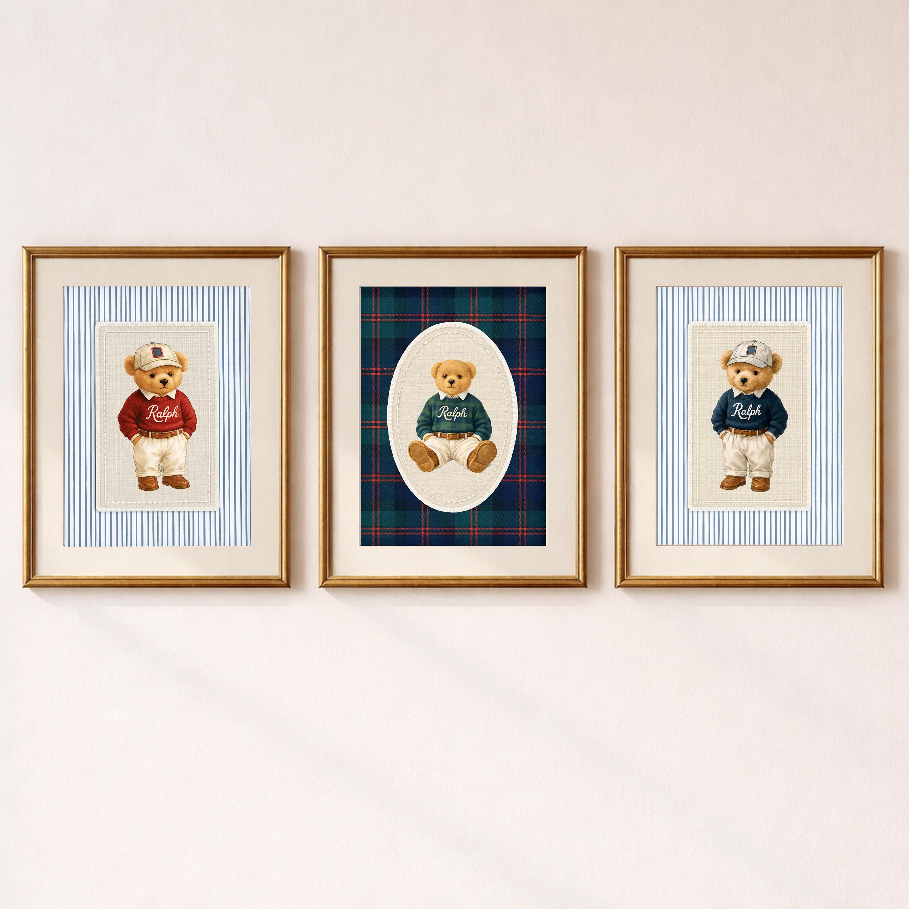 Preppy Teddy Bears Set of 3 Wall Art Print for Nursery or Playroom ...