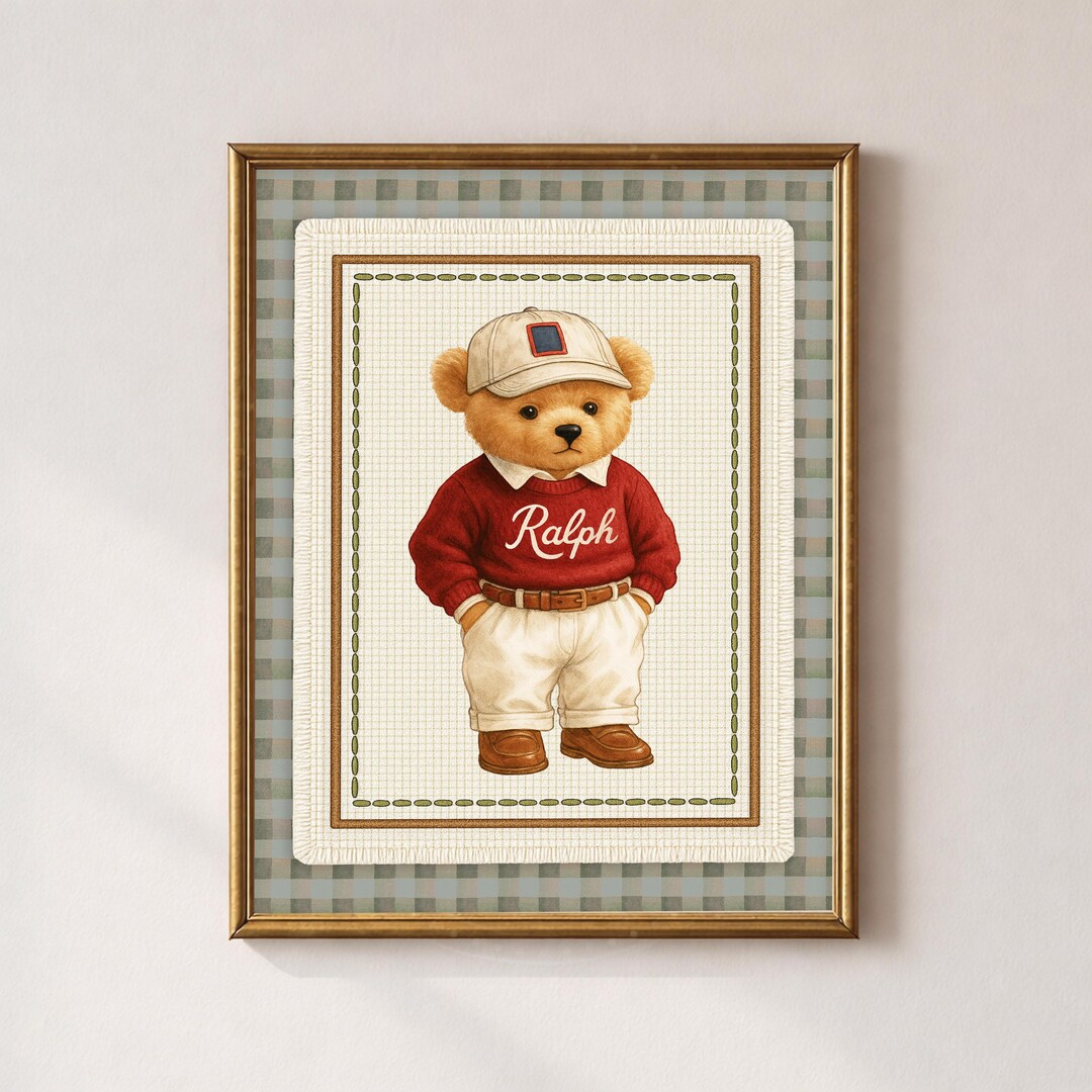 Preppy Teddy Bear in Sweater Wall Art Print for Nursery, Classic Style ...