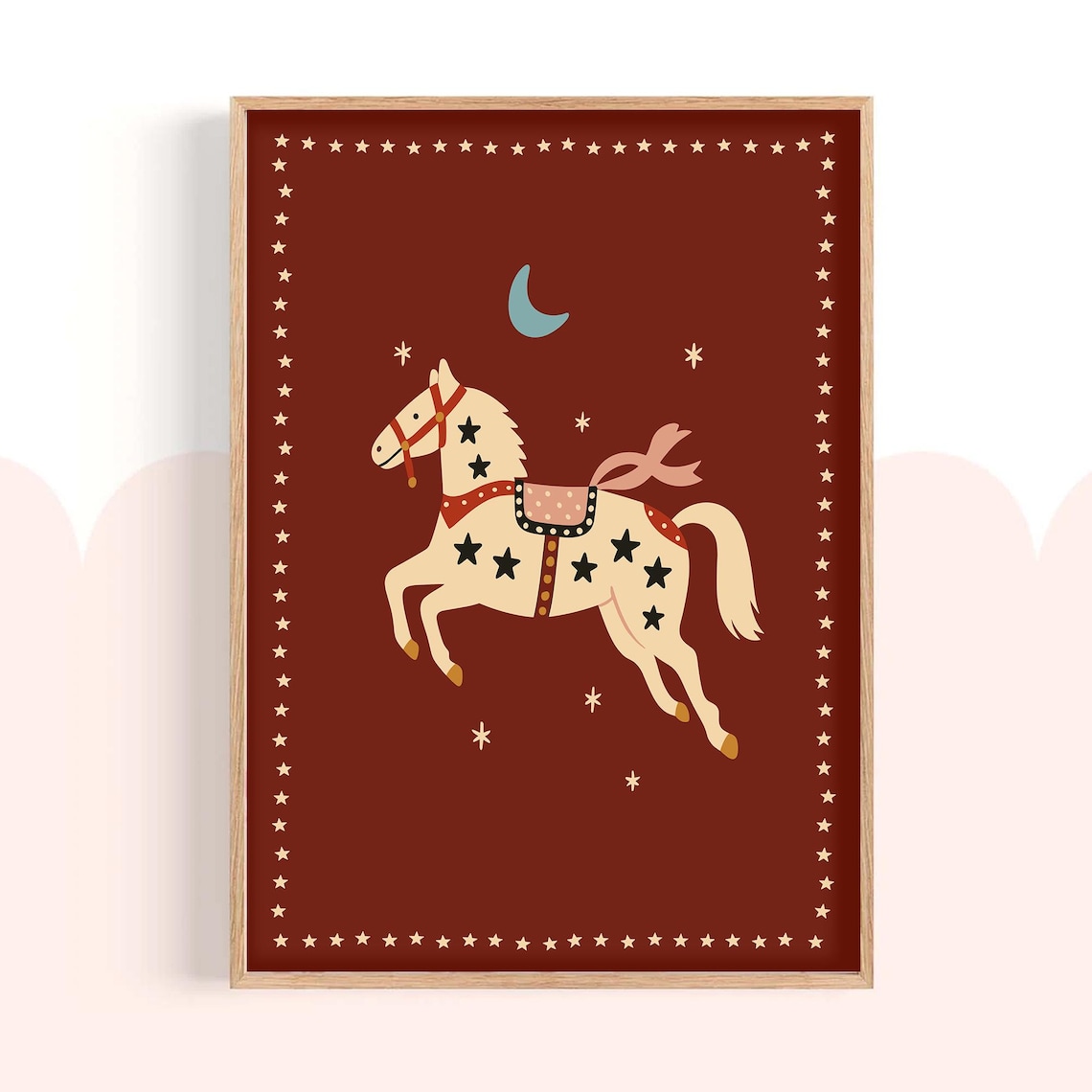 Magical Horse Print | Burgundy Red Folk Art | kids Room Decor ...