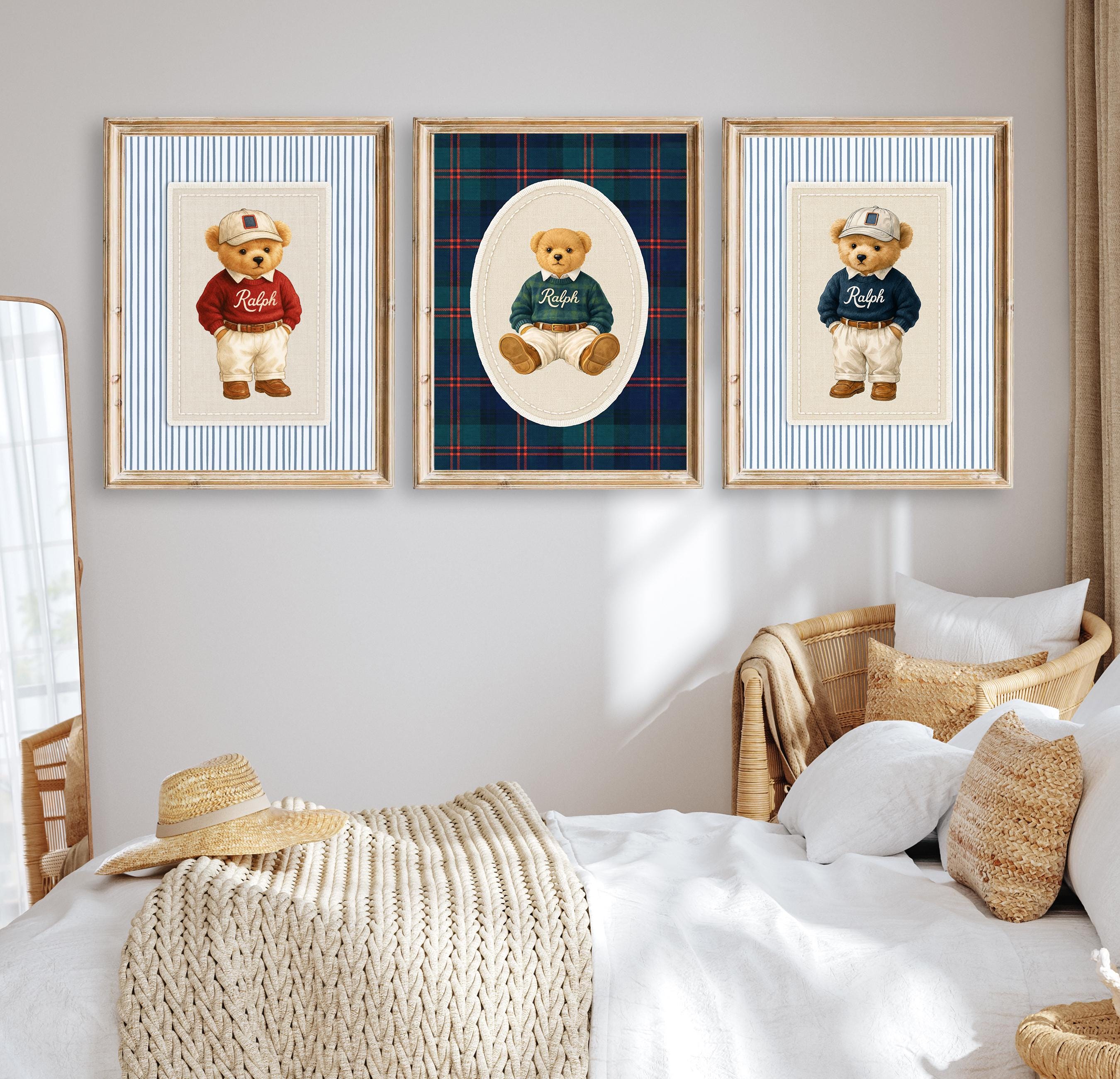 Preppy Teddy Bears Set of 3 Wall Art Print for Nursery or Playroom ...