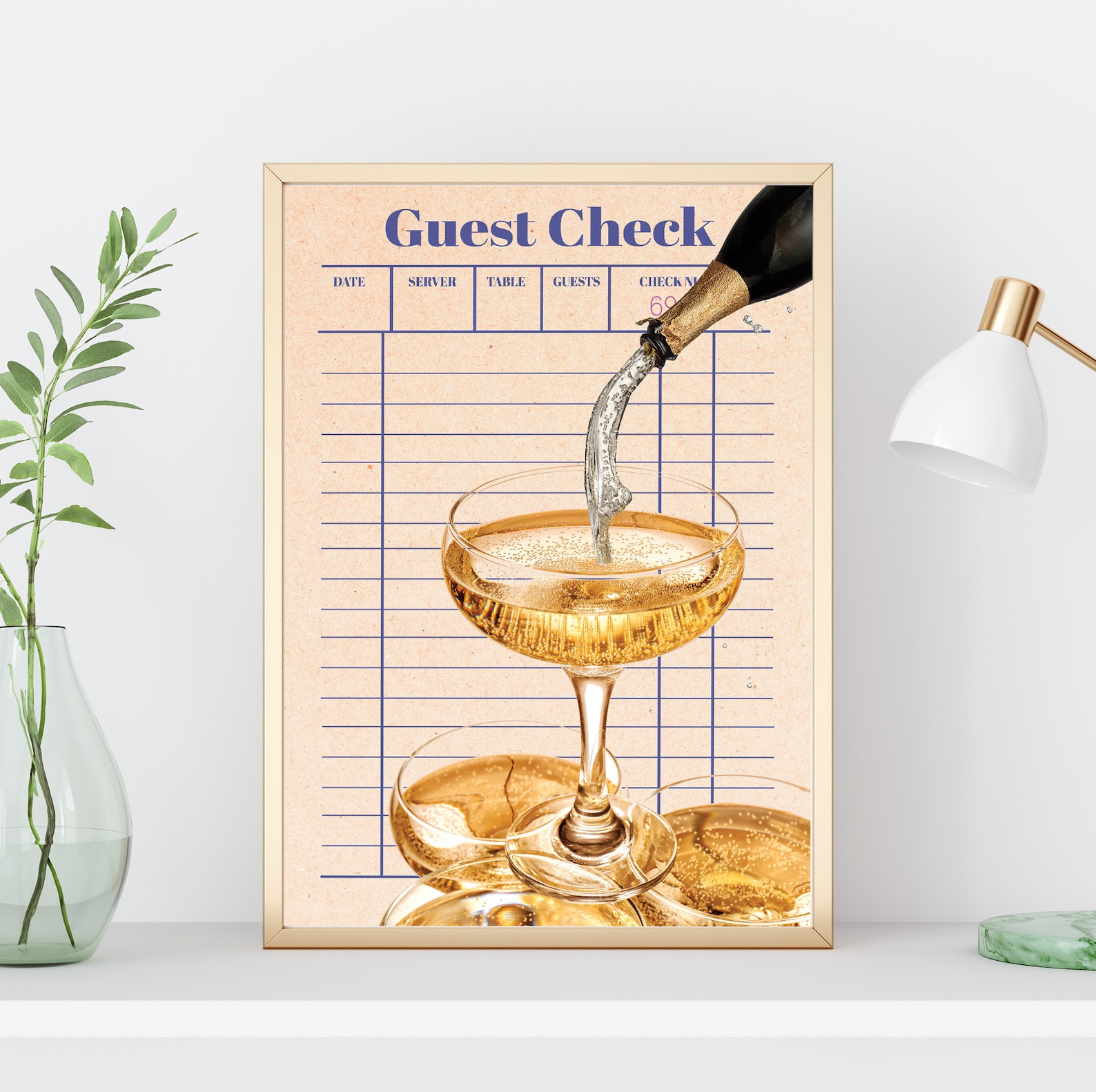 Champagne Guest Check Art Print: Retro Bar Cart Wall Decor (digital ...