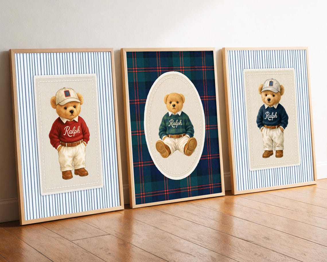 Preppy Teddy Bears Set of 3 Wall Art Print for Nursery or Playroom ...