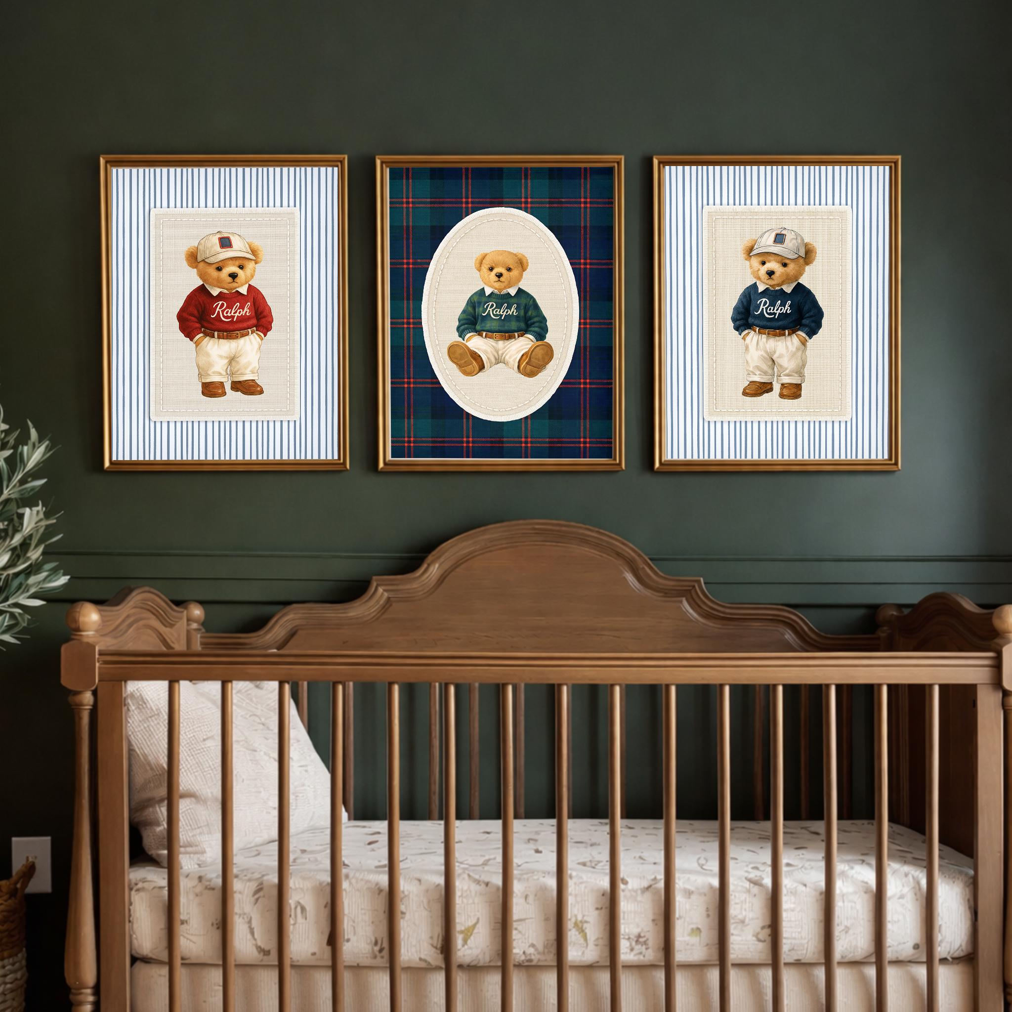 Preppy Teddy Bears Set of 3 Wall Art Print for Nursery or Playroom ...