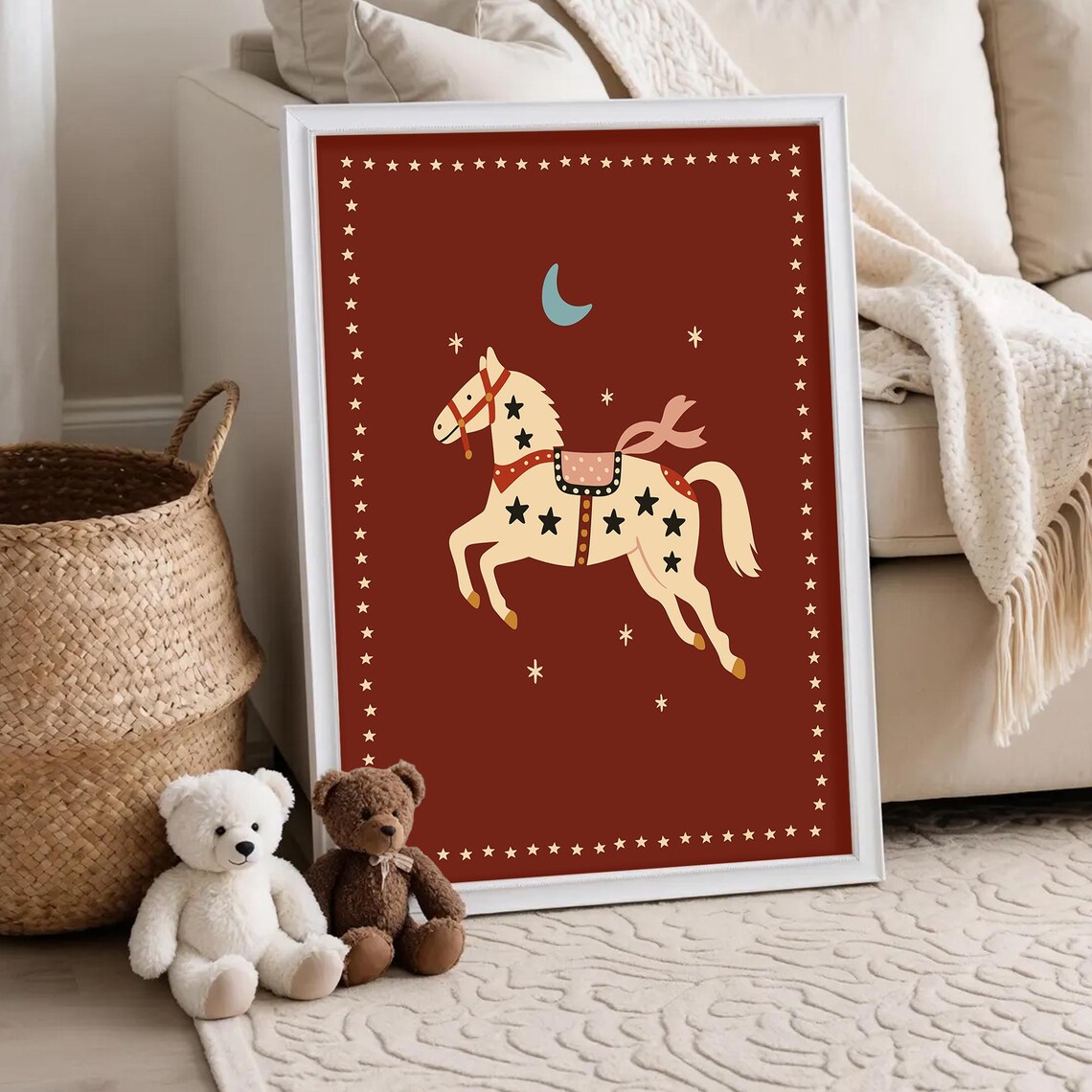 Magical Horse Print | Burgundy Red Folk Art | kids Room Decor ...
