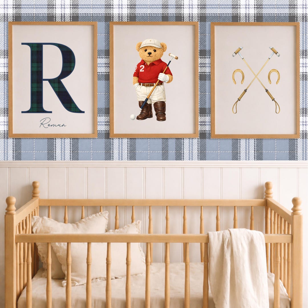 Preppy Nursery Wall Art Set, Preppy Teddy Bear, Vintage American ...