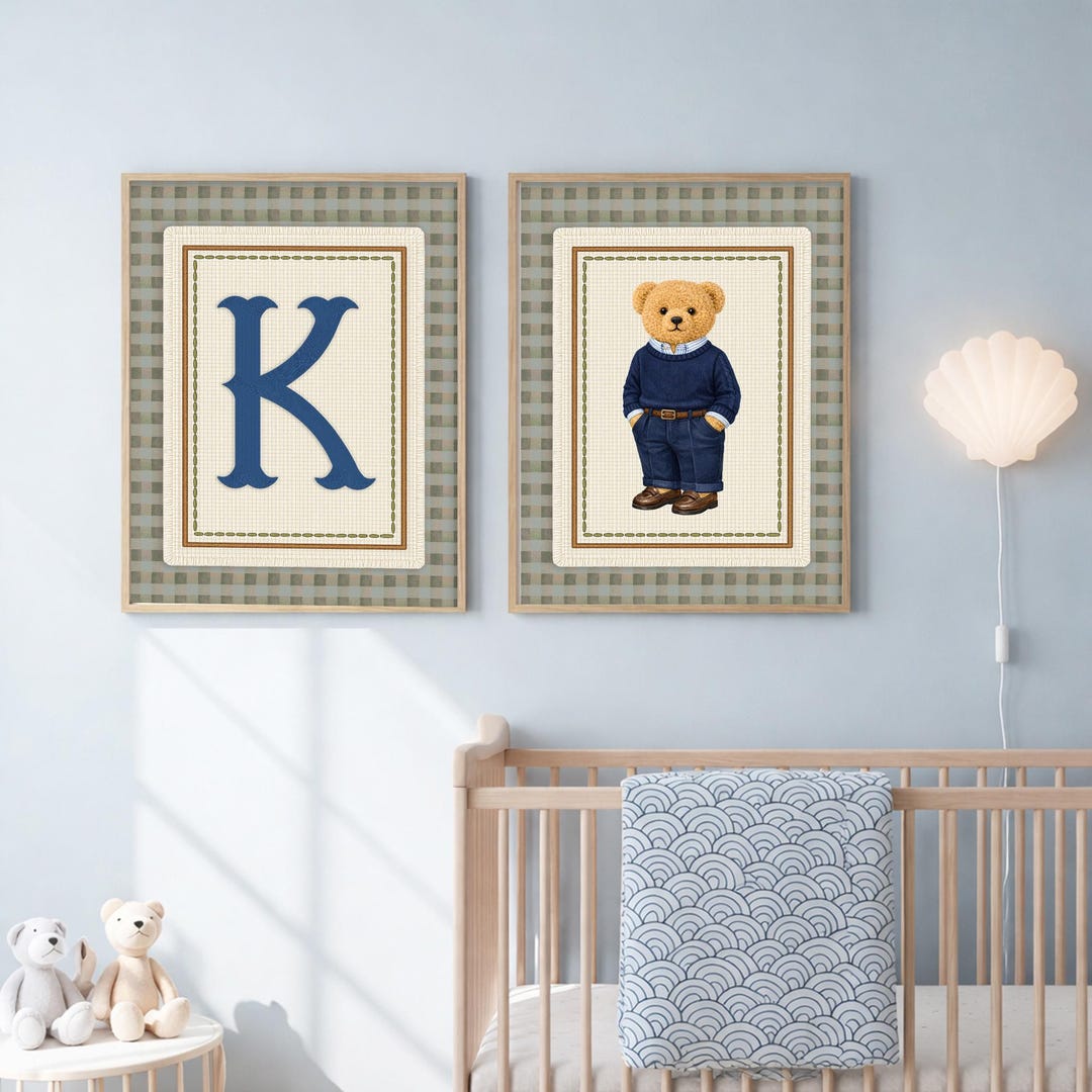 Preppy Bear Nursery Art Set, Custom Initial Prints (digital Download ...