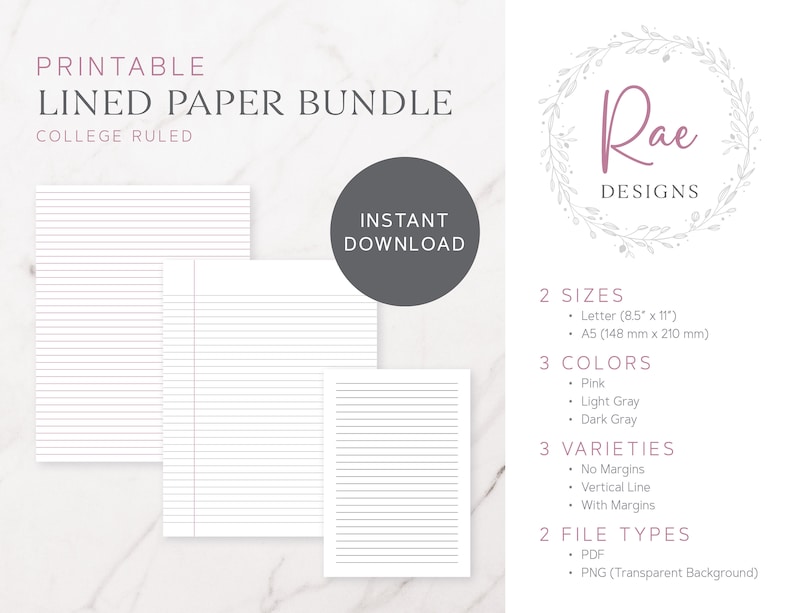 Printable College Ruled Lined Paper - Instant Download! PDF and PNG ...