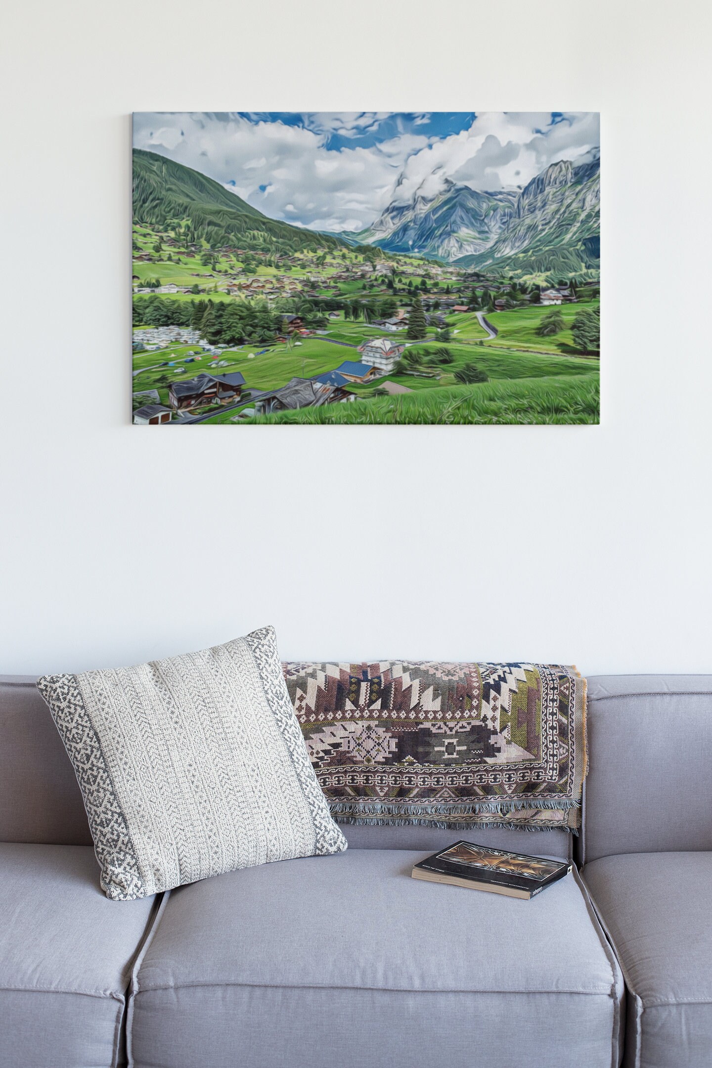 Swiss Alpine Village Painting Wall Art Canvas | Mountain Valley ...