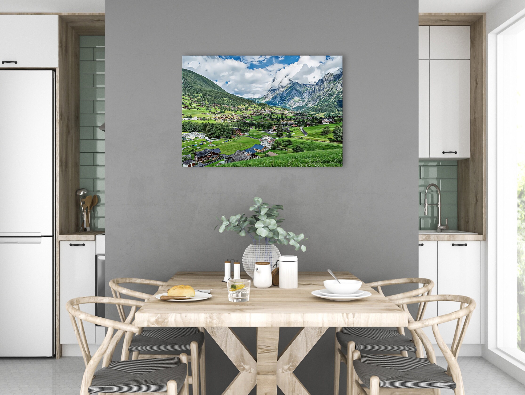 Swiss Alpine Village Painting Wall Art Canvas | Mountain Valley ...
