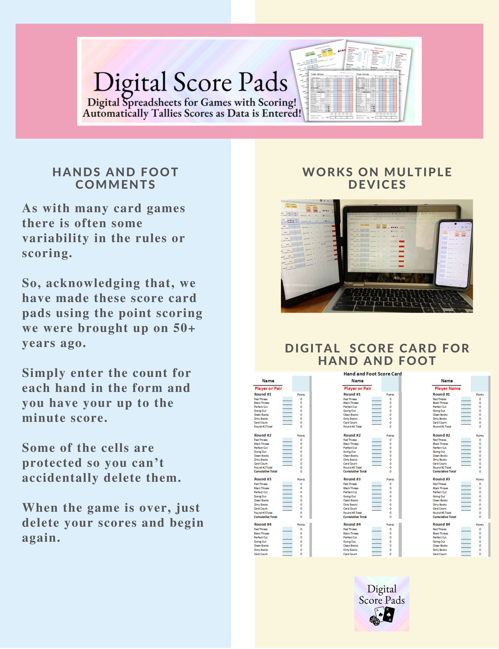 Hand and Foot Digital Score Pads, Sheet, Card. Hand and Foot Card Game ...