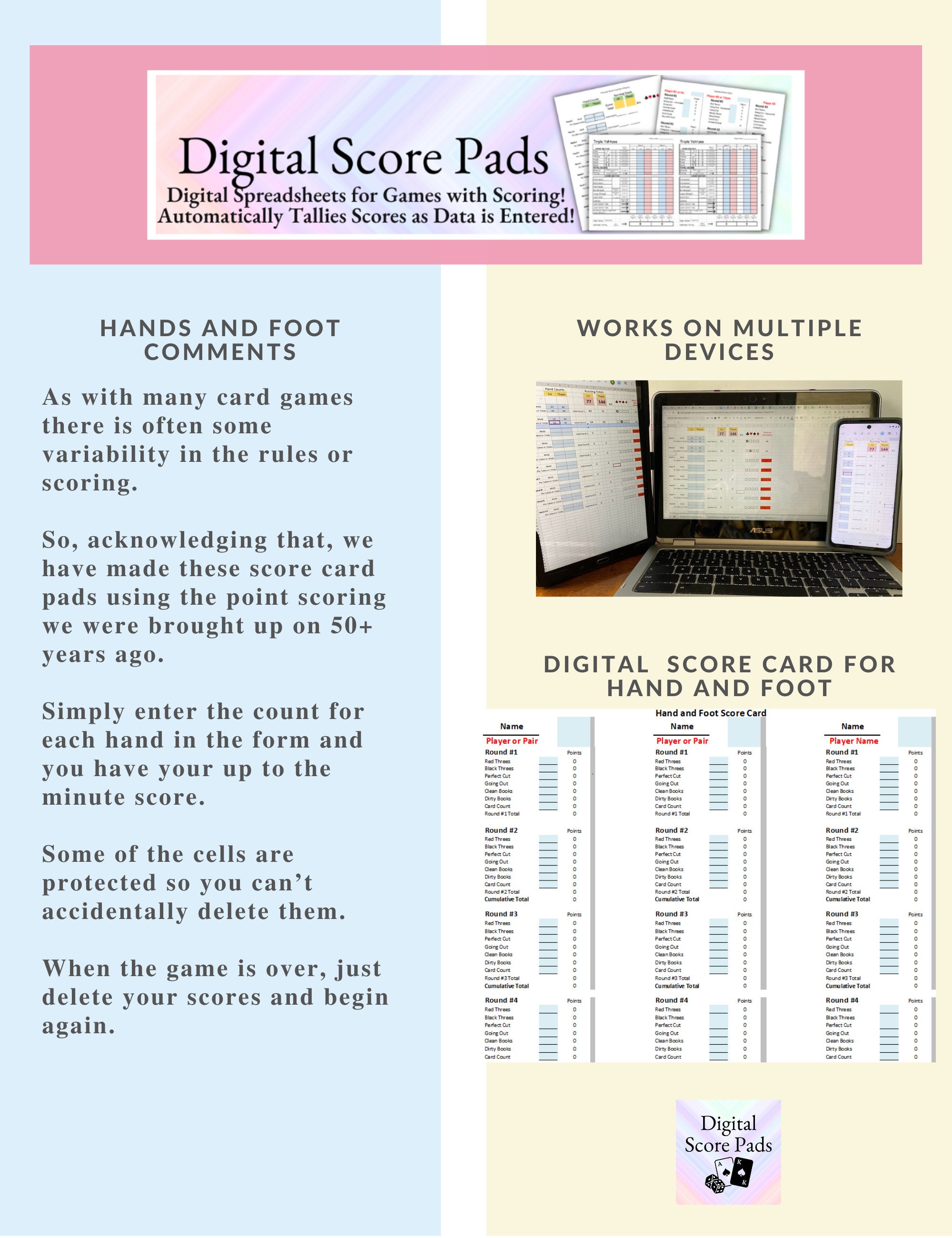 Hand and Foot Digital Score Pads, Sheet, Card. Hand and Foot Card Game ...