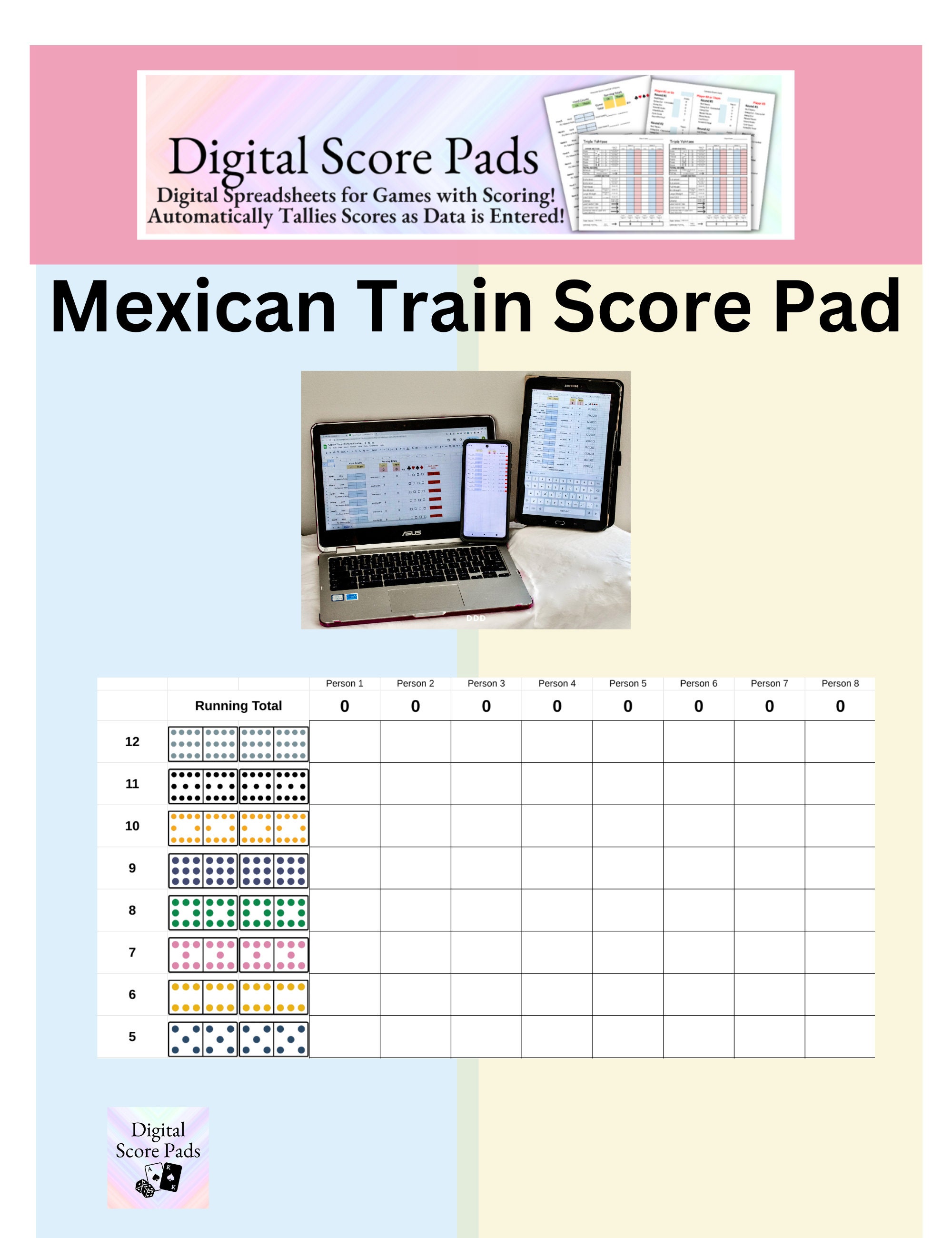 Mexican Train Digital Score Pads, Sheets, Cards. Dominoes Game. Digital ...
