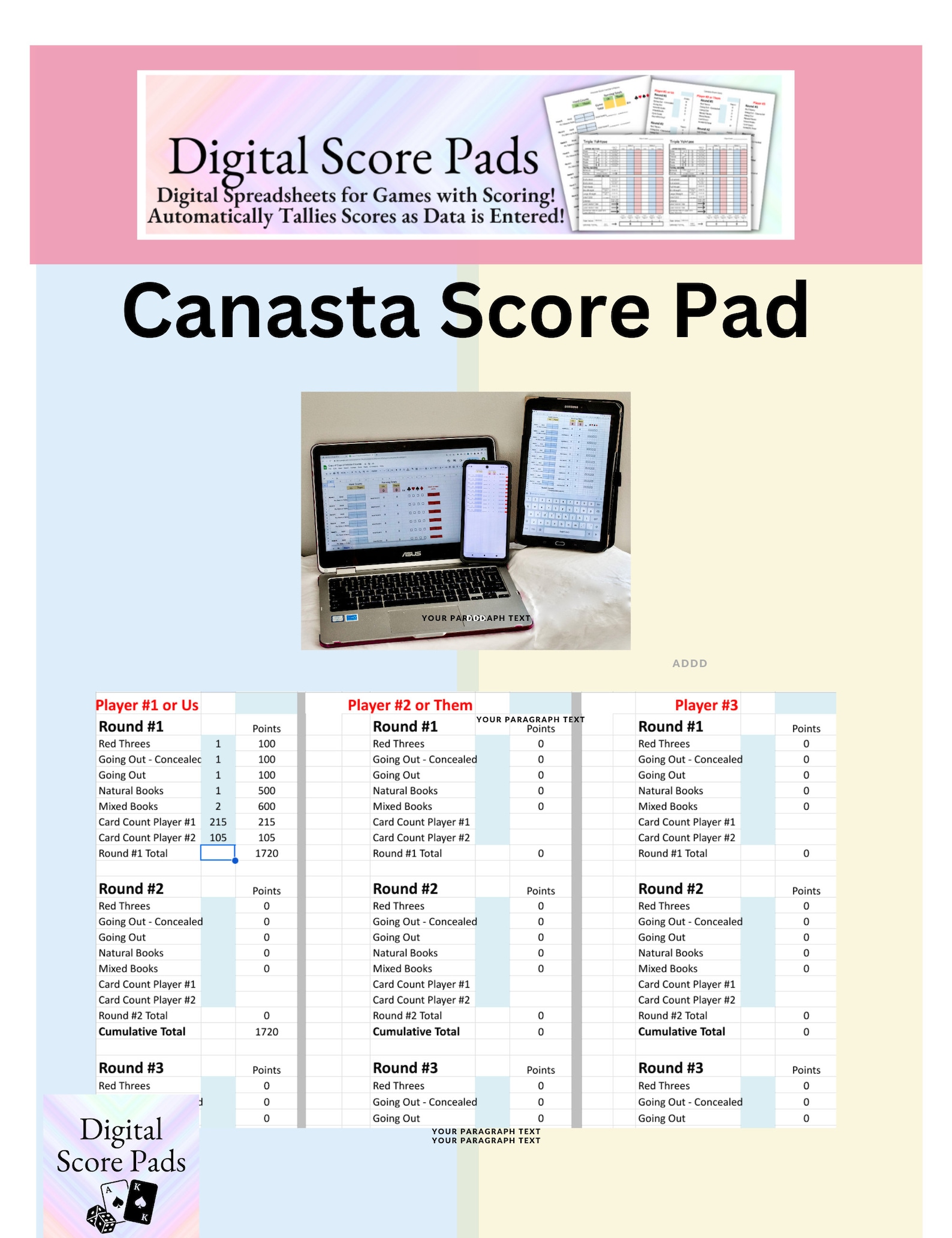Canasta Digital Score Pads, Sheets, Cards. Canasta Card Game. Digital ...