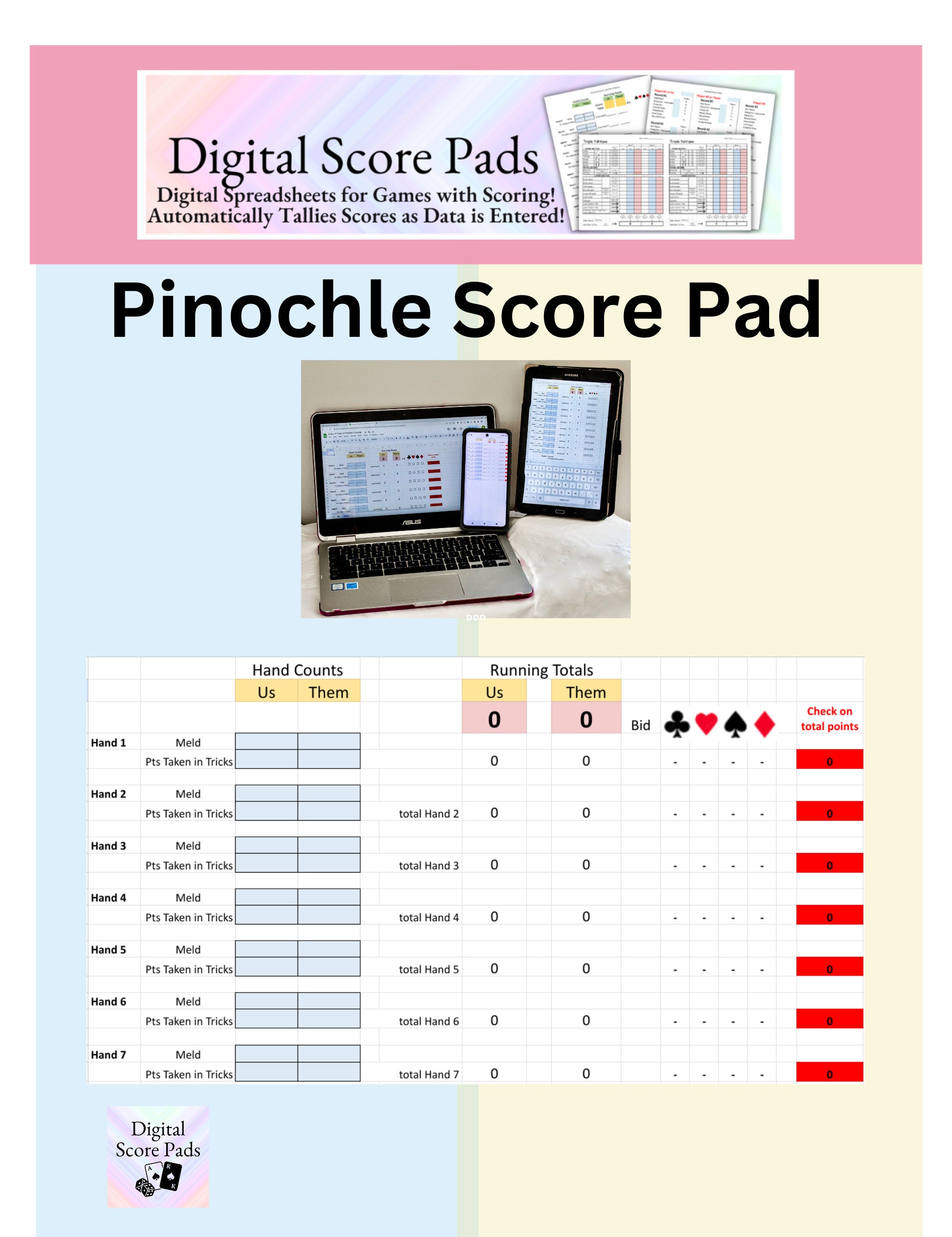 Pinochle Digital Score Pads, Sheets, Cards. Pinochle Card Game. Digital ...