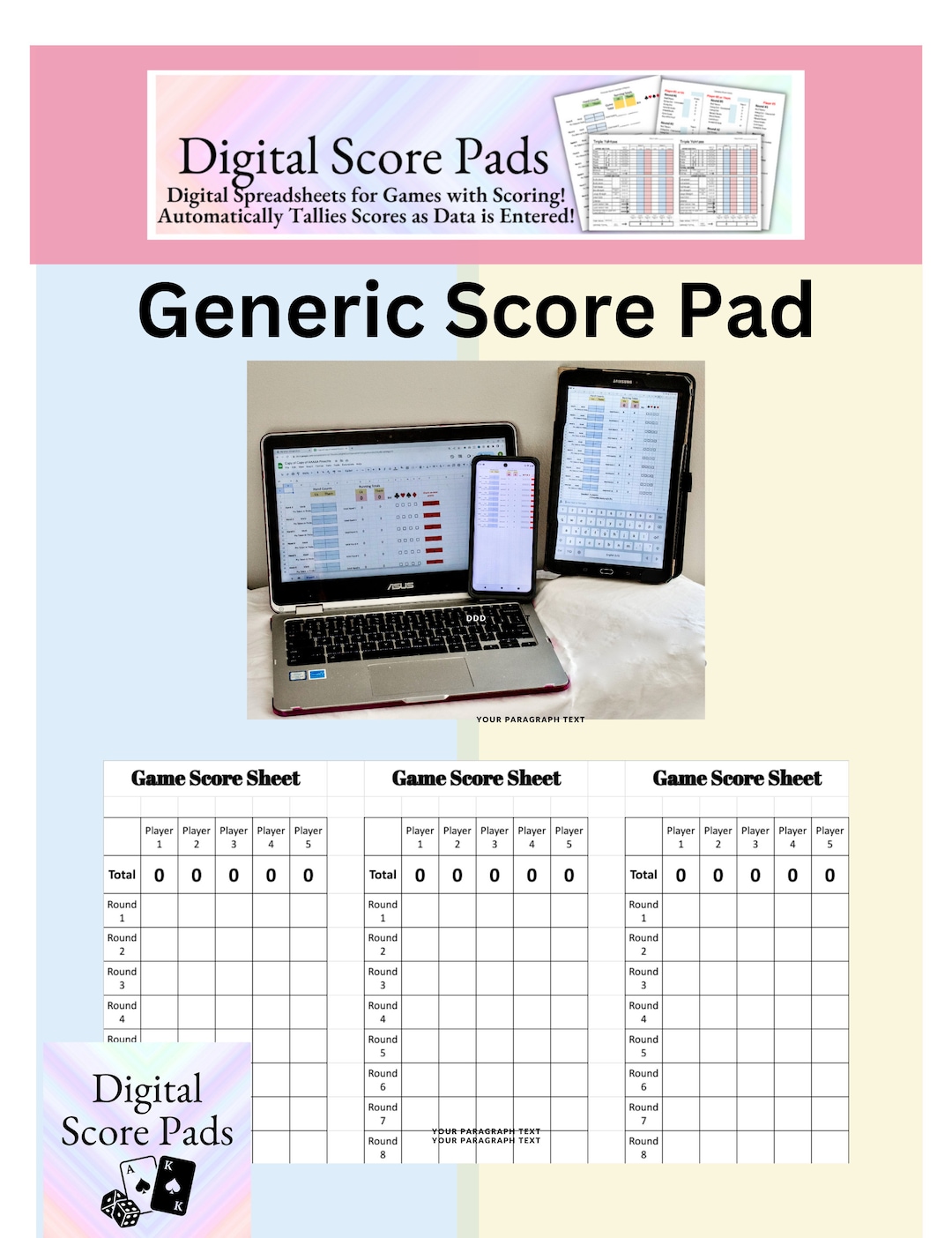 Digital Score Pads, Sheets, Cards. Dice Game. Digital Spreadsheet ...