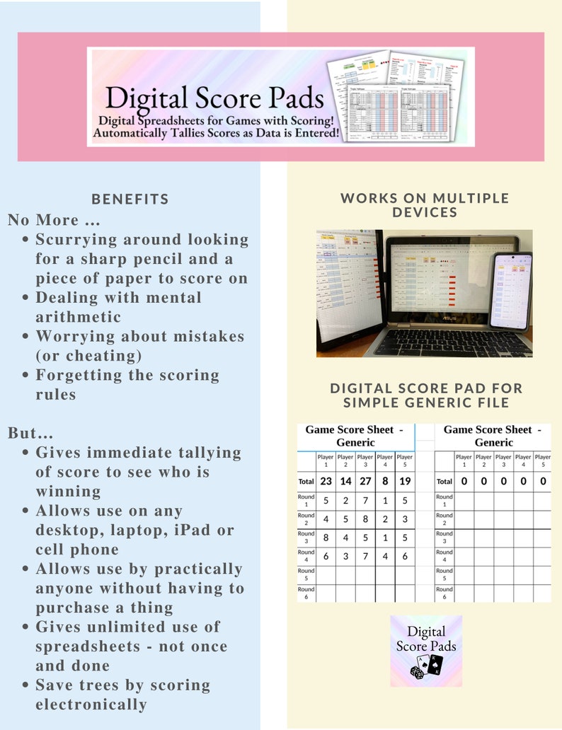 Digital Score Pads, Sheets, Cards. Dice Game. Digital Spreadsheet ...