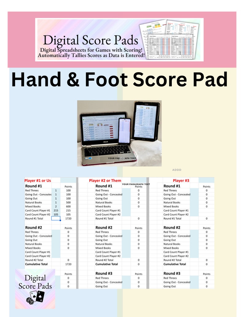 Hand and Foot Digital Score Pads, Sheet, Card. Hand and Foot Card Game ...