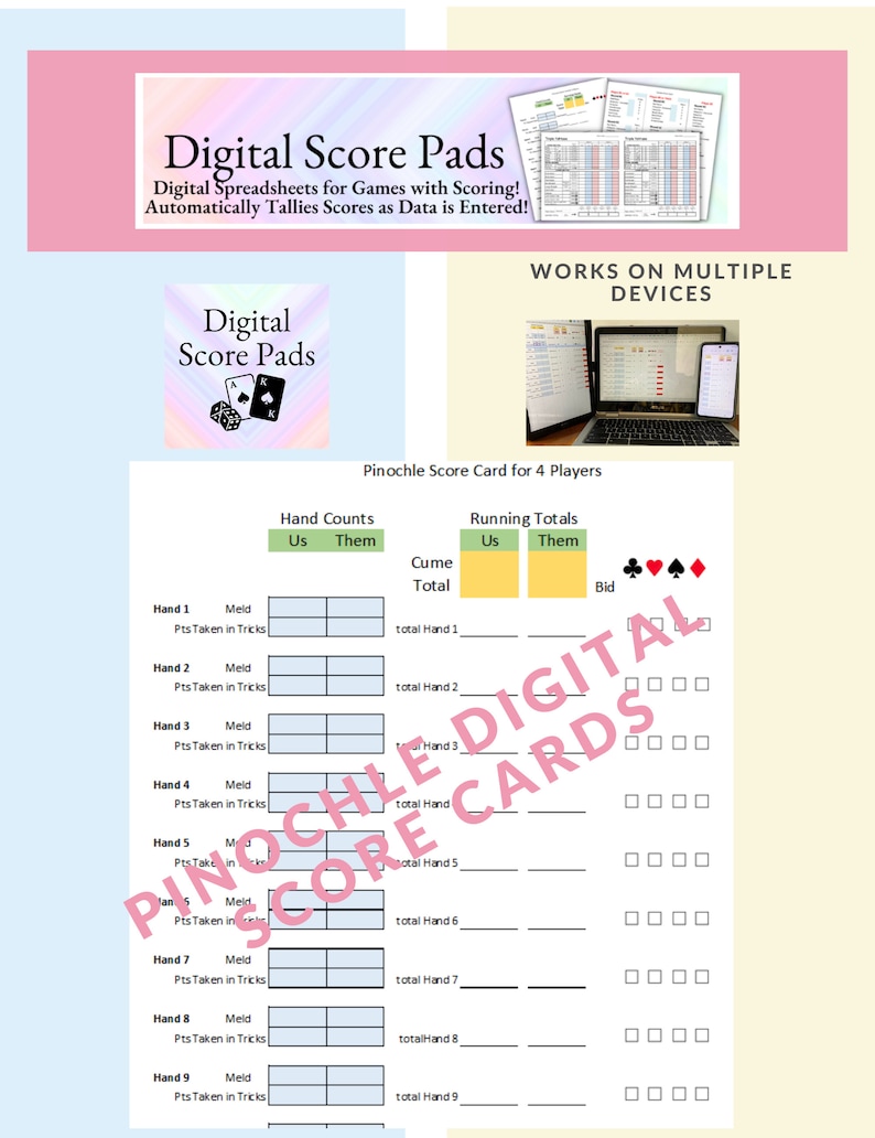 Pinochle Digital Score Pads, Sheets, Cards. Pinochle Card Game. Digital ...