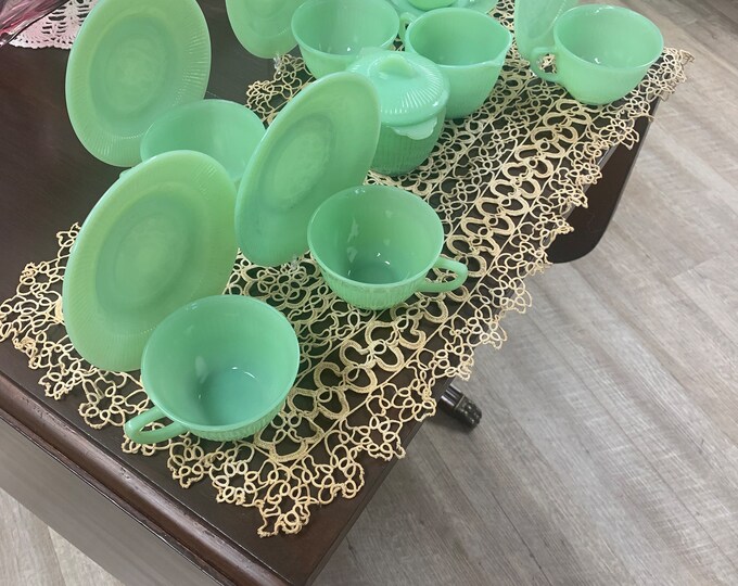 Set of 6 Jadeite Cups With Saucers, 1 Creamer and 1 Sugar Bowl With Lid ...