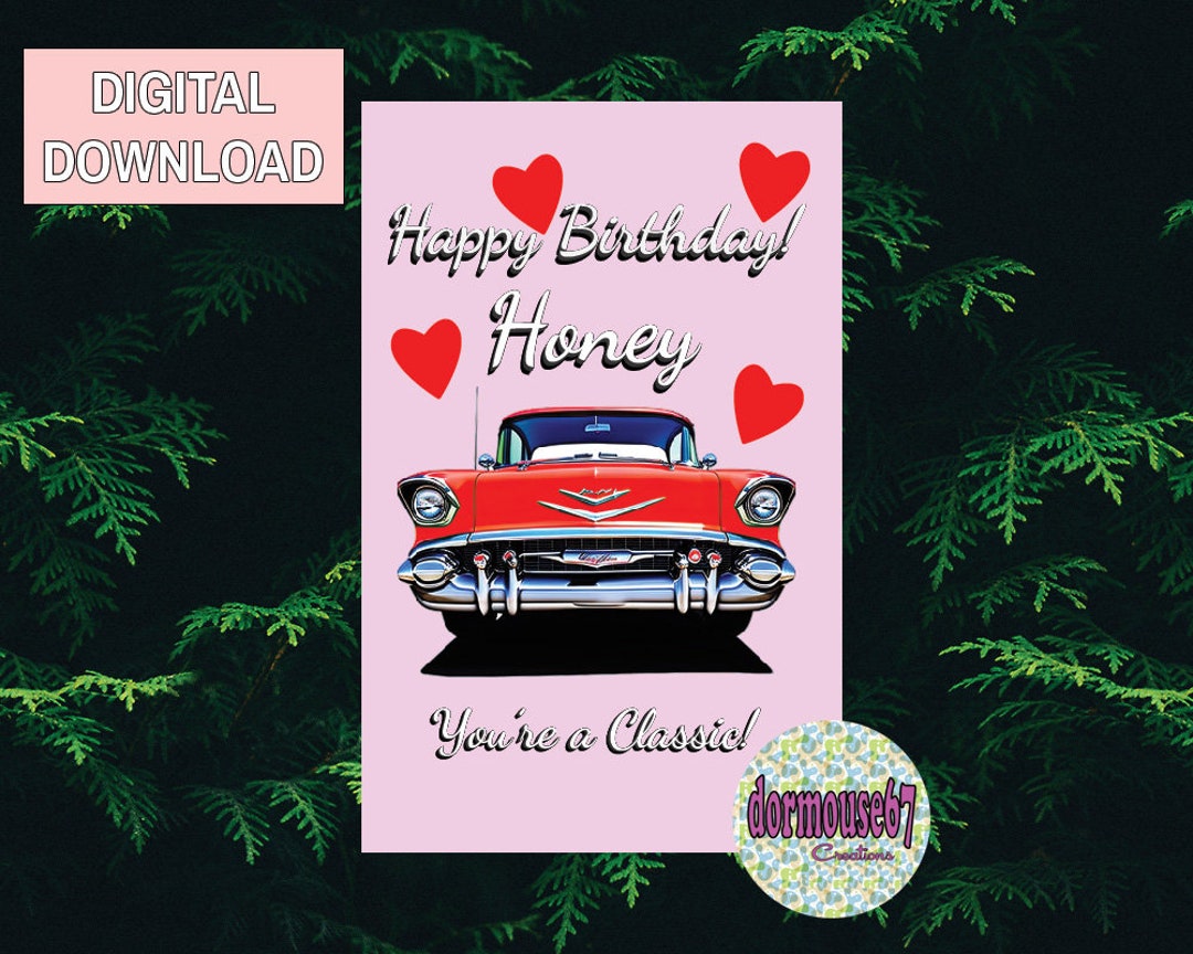 Red 1957 Chevy Pink Classic Car Birthday Card for Wife or Anyone Love ...