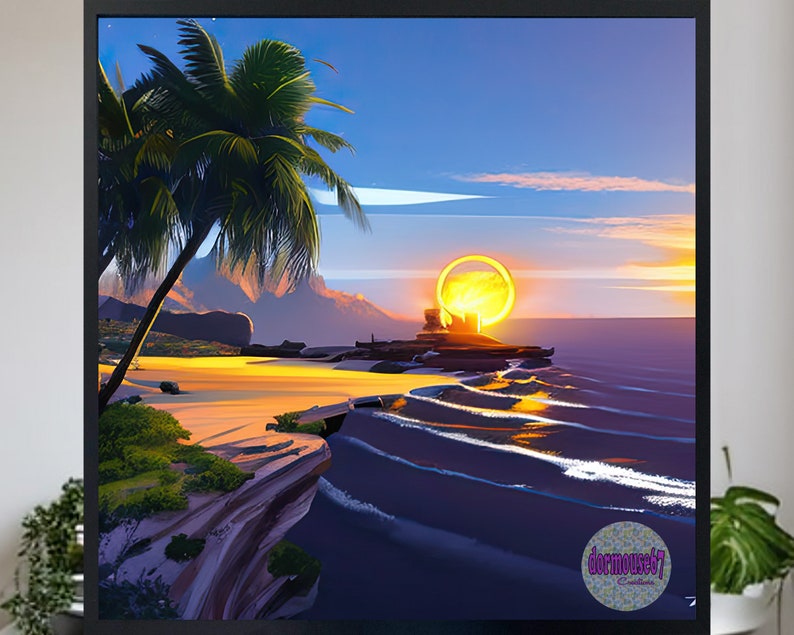 Island Wall Art, Tropical Island Art, Sunset Paradise , Retro Island ...