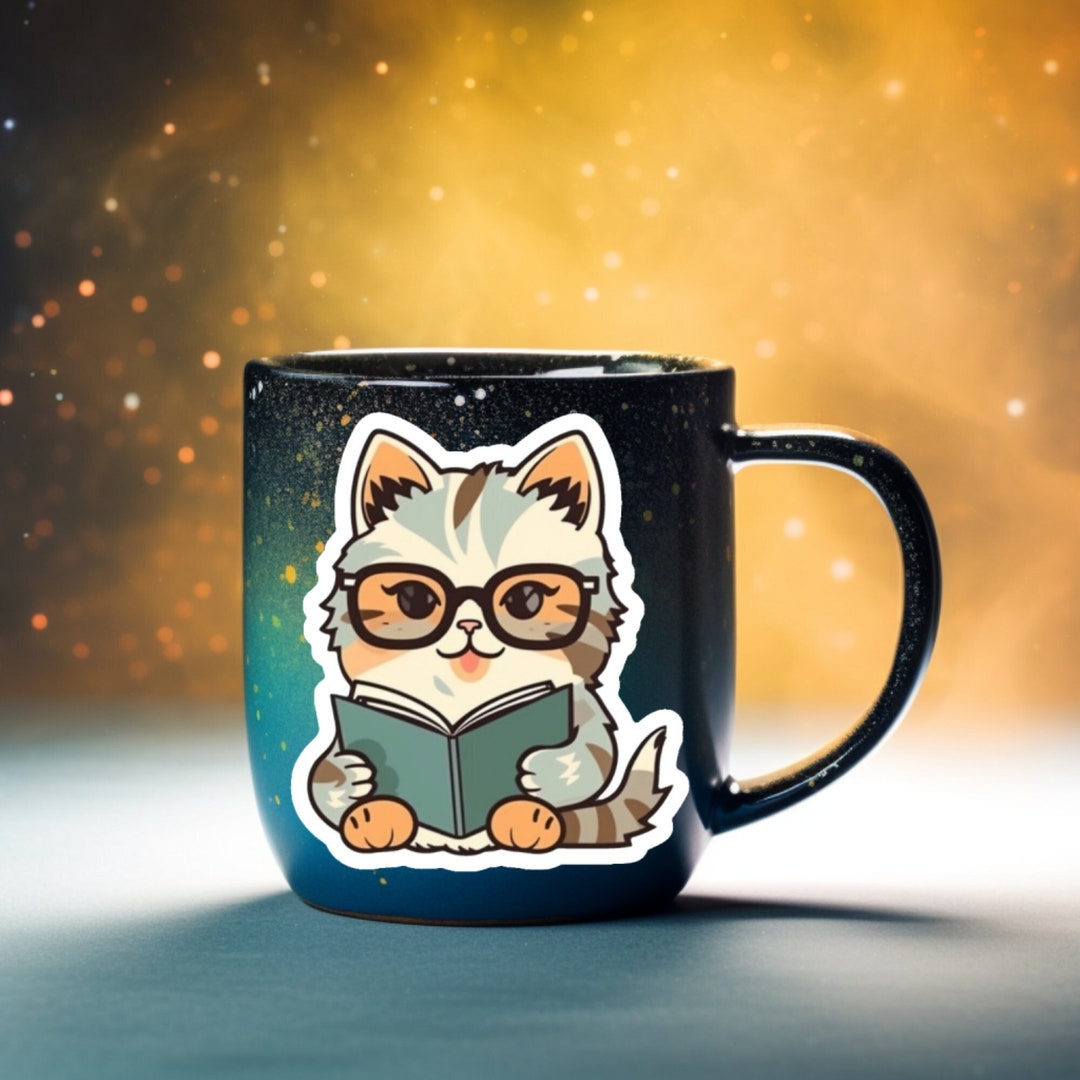 Cat Reading a Book Die-cut Sticker Laptop Sticker Water Bottle Sticker ...
