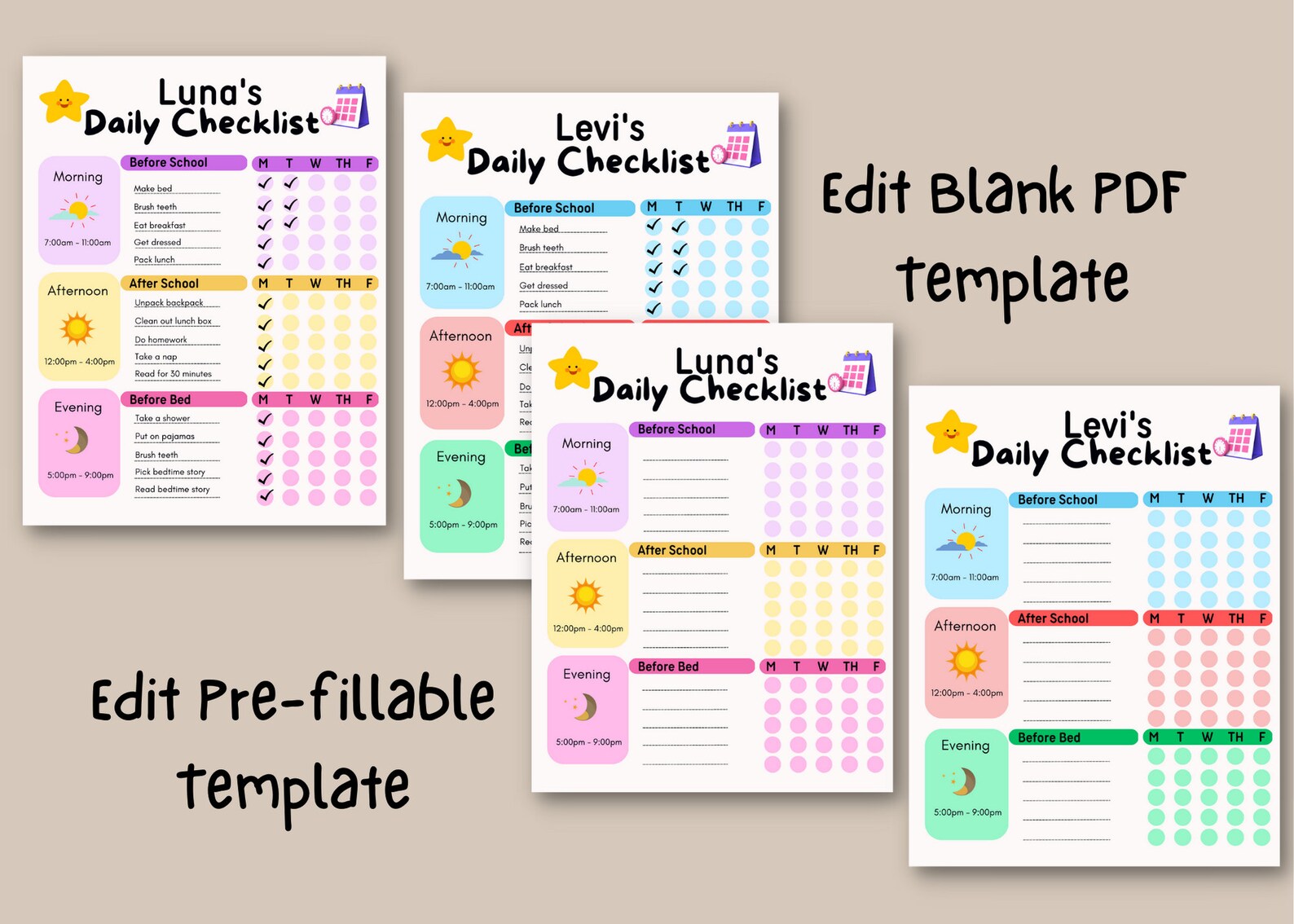 Kids Daily Checklist Schedule, Printable Editable Daily Weekly Visual ...