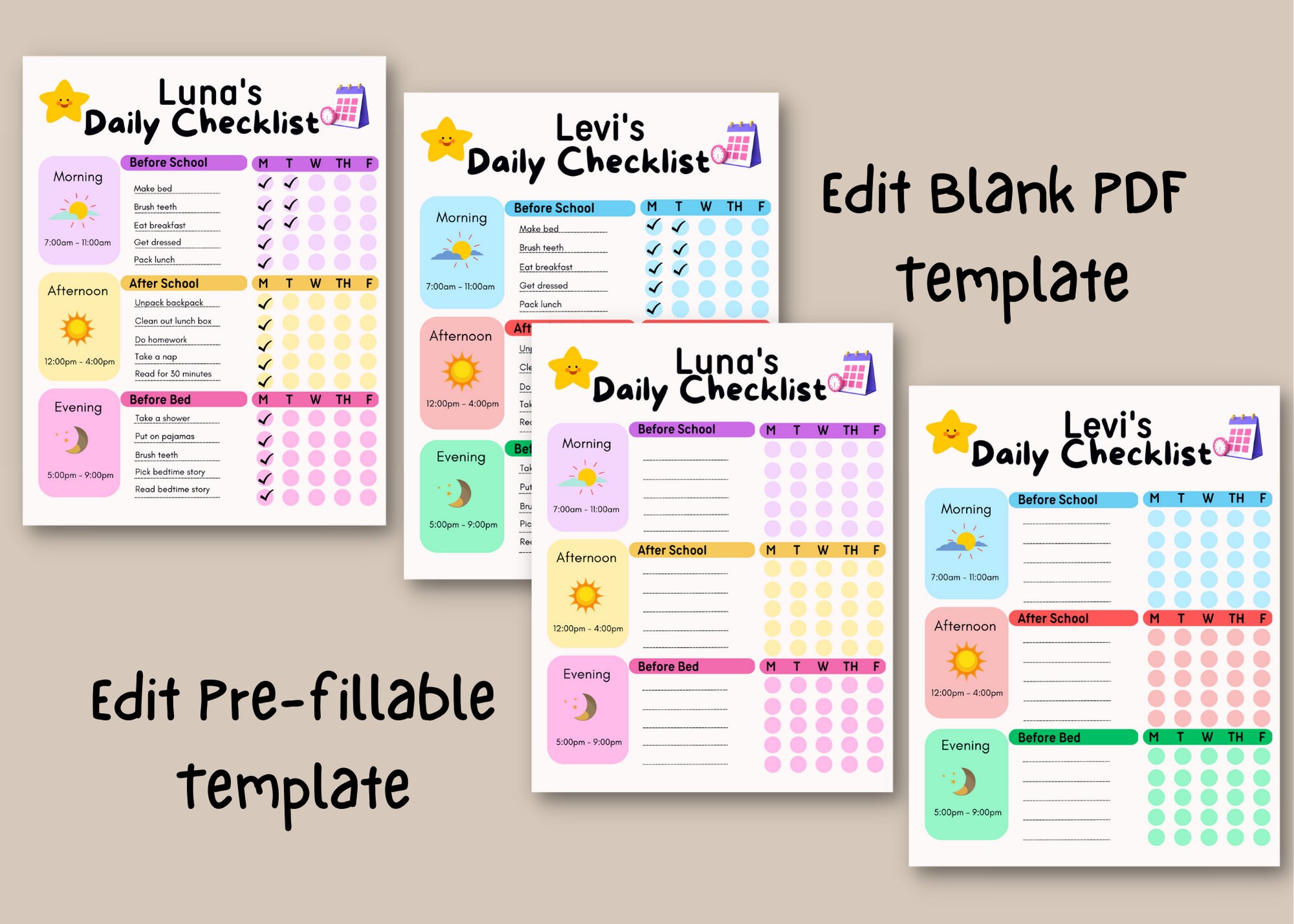 Kids Daily Checklist Schedule, Printable Editable Daily Weekly Visual ...