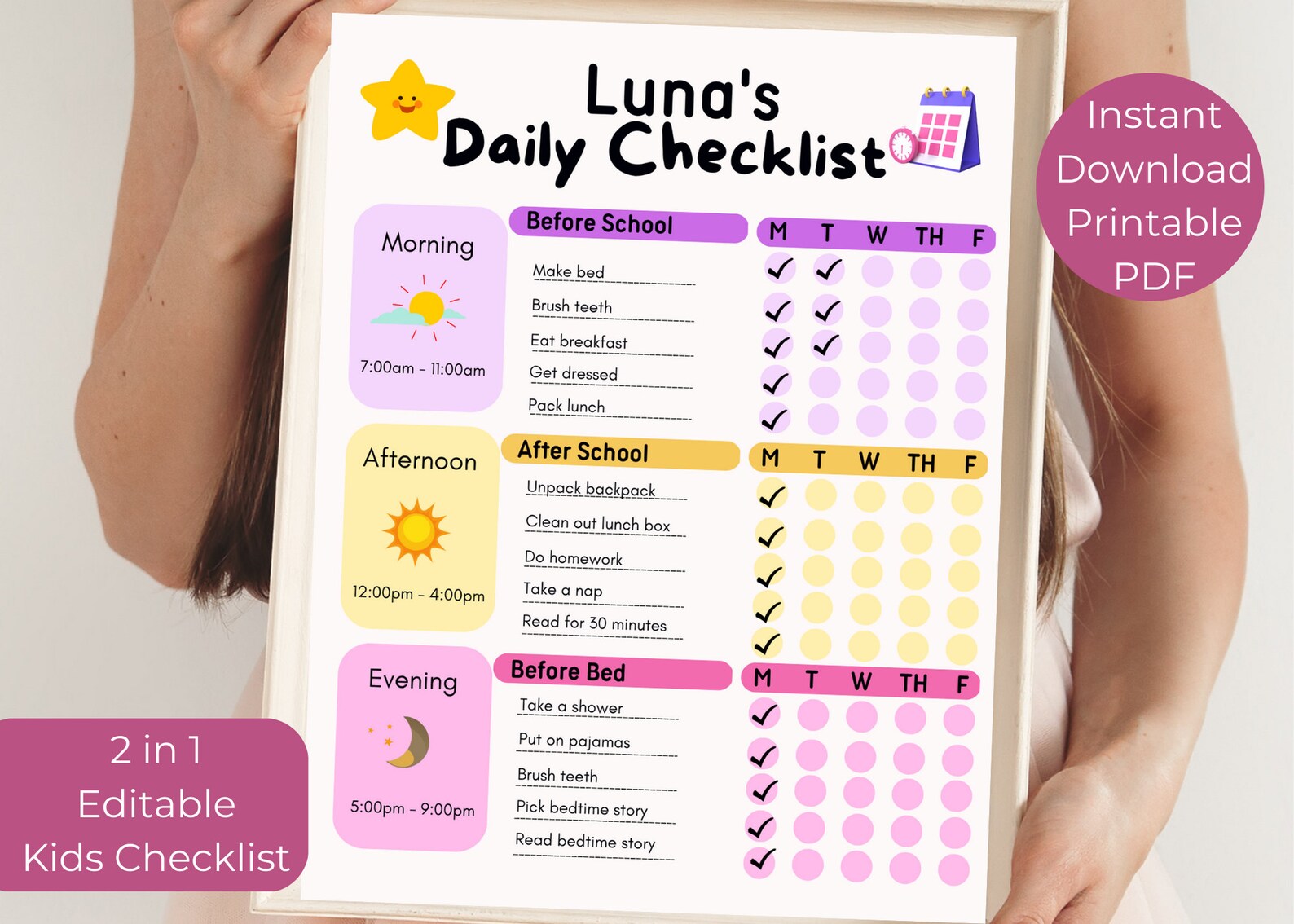 Kids Daily Checklist Schedule, Printable Editable Daily Weekly Visual ...