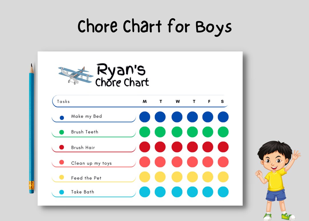 Boys Colorful Chore Chart, Kids Checklist, Printable, Editable Chore ...