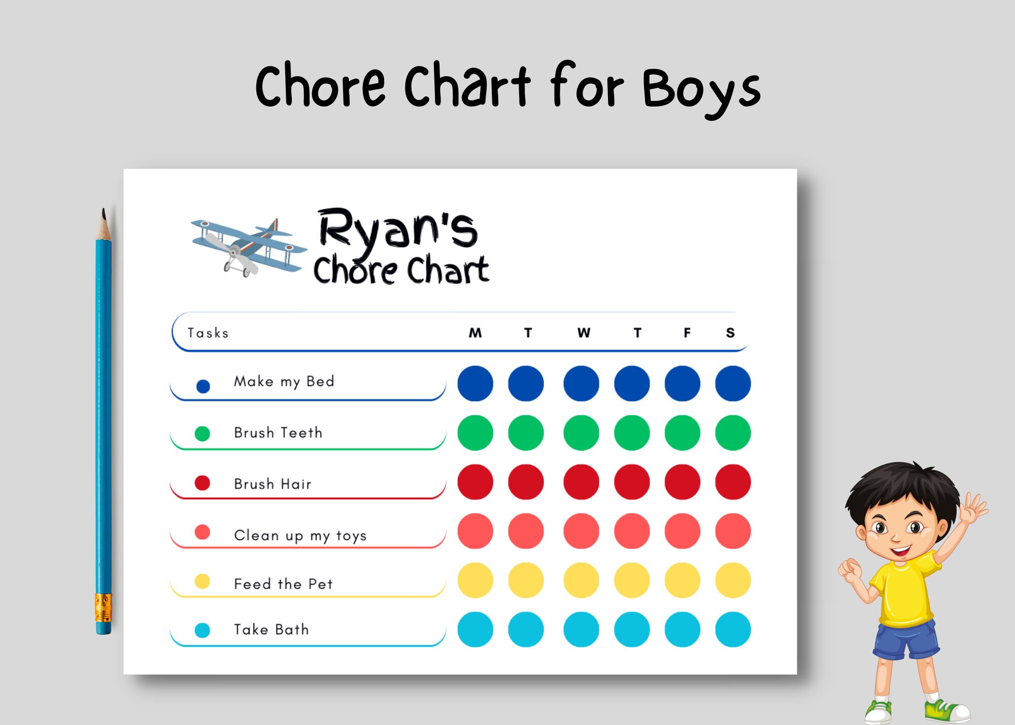 Boys Colorful Chore Chart, Kids Checklist, Printable, Editable Chore ...