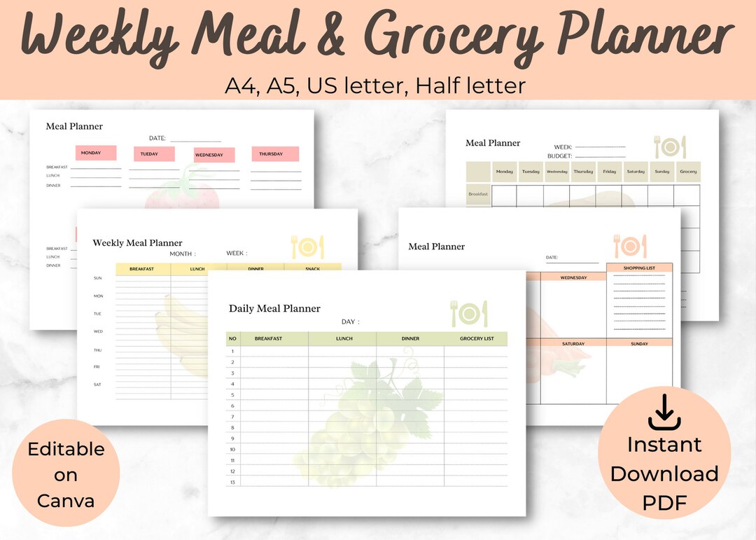 Printable Meal & Grocery Planner Bundle, Daily Food Journal (digital ...