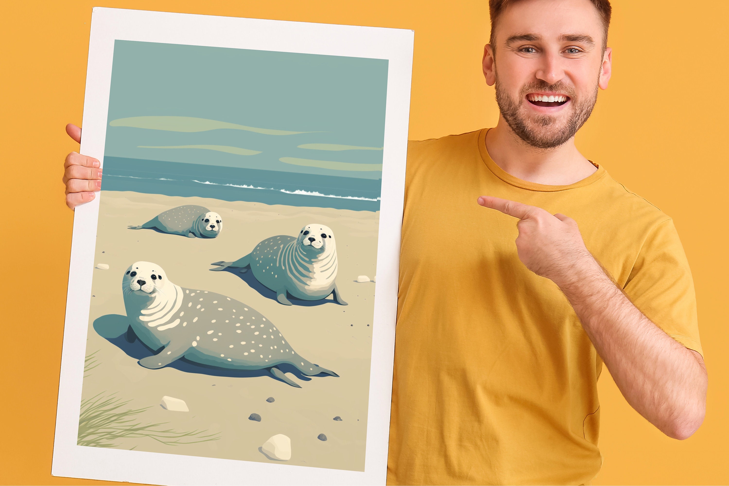 Three Seals on a Beach at the Wadden Sea Travel Poster on the Wadden ...