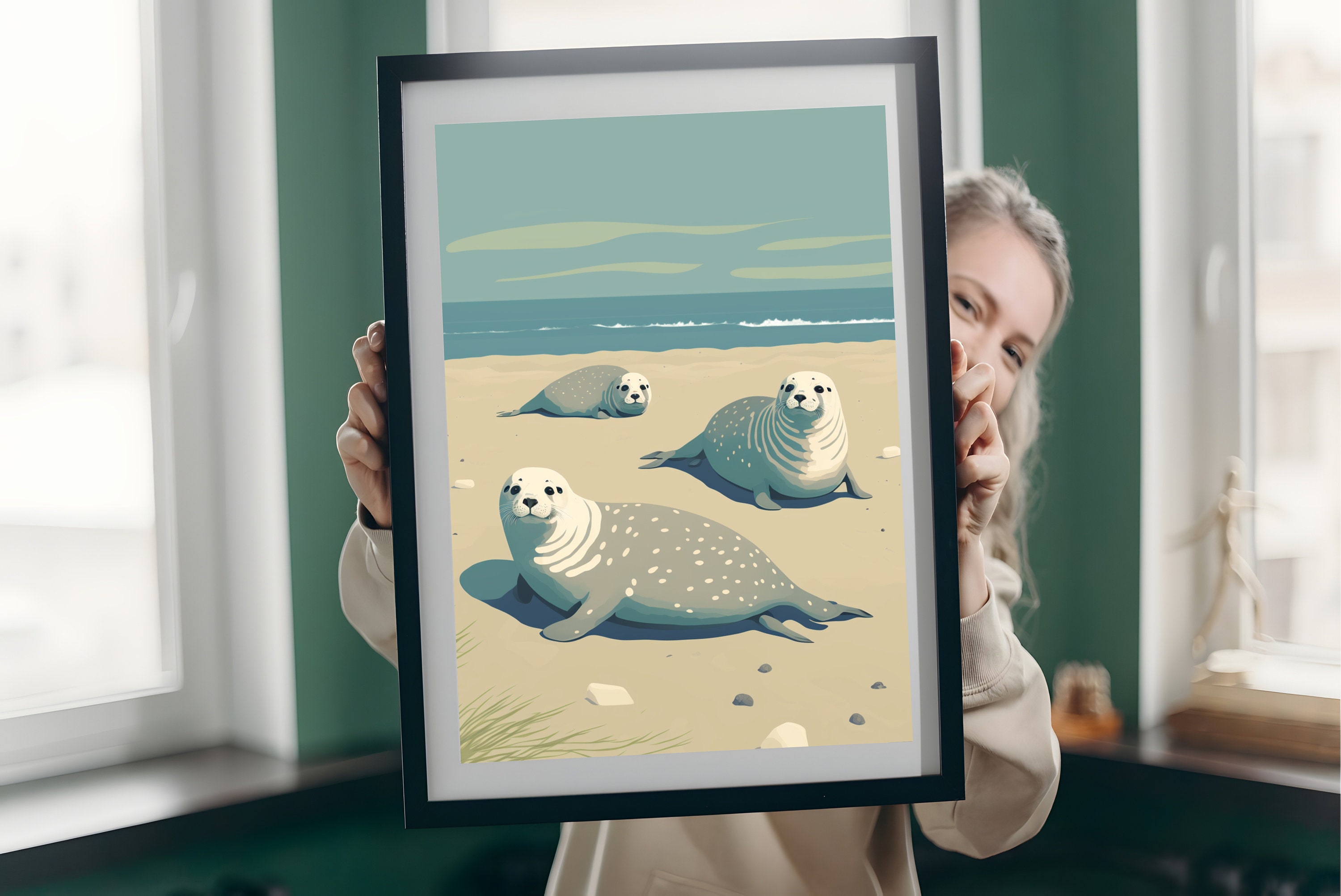 Three Seals on a Beach at the Wadden Sea Travel Poster on the Wadden ...