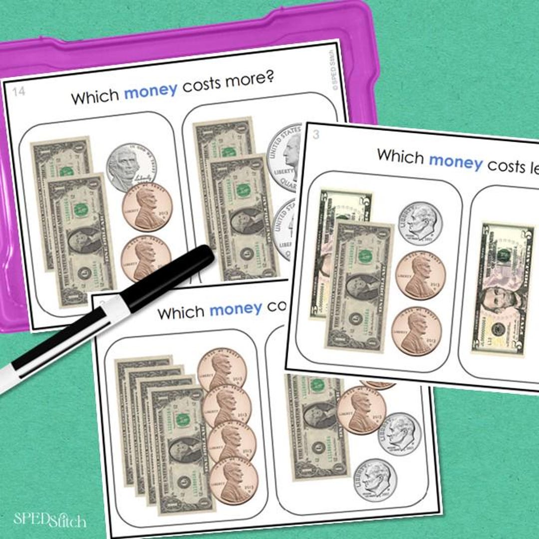 Comparison Money Task Cards With Bills & Coins for Special Education ...
