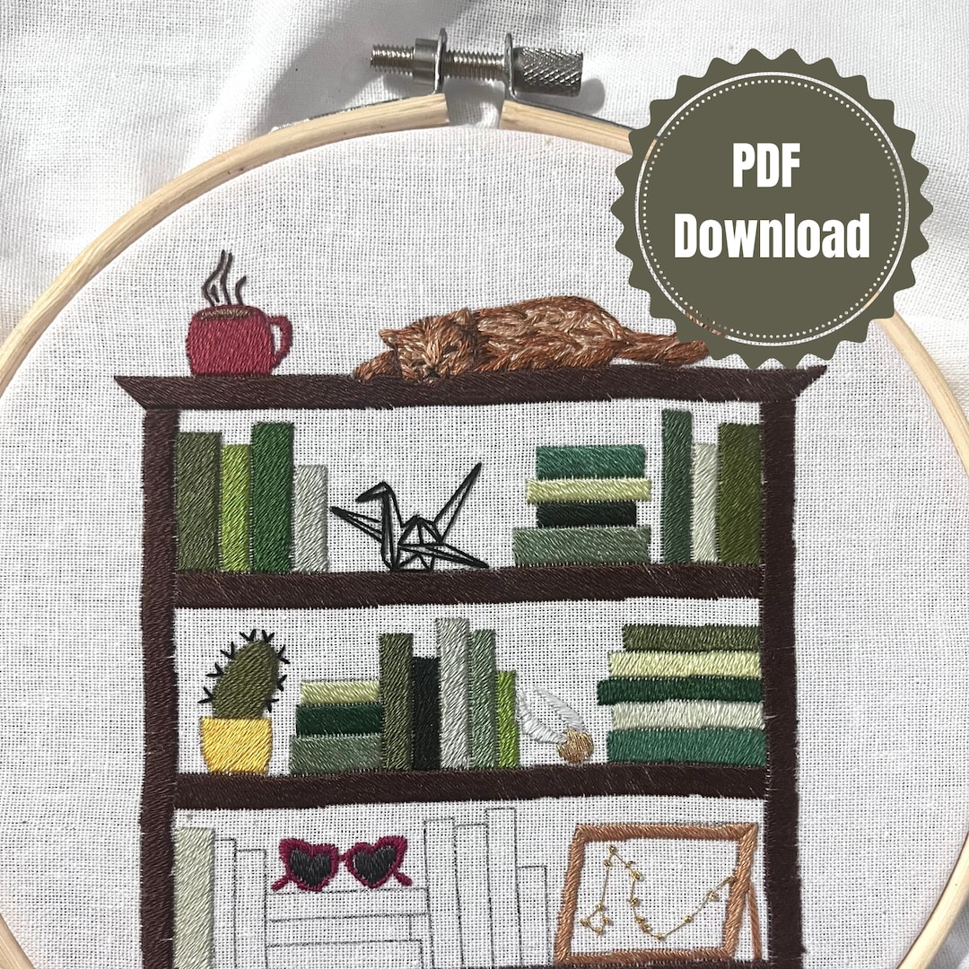 Bookshelf Embroidery Pattern, Begginer PDF Download, Cozy Embroidery ...