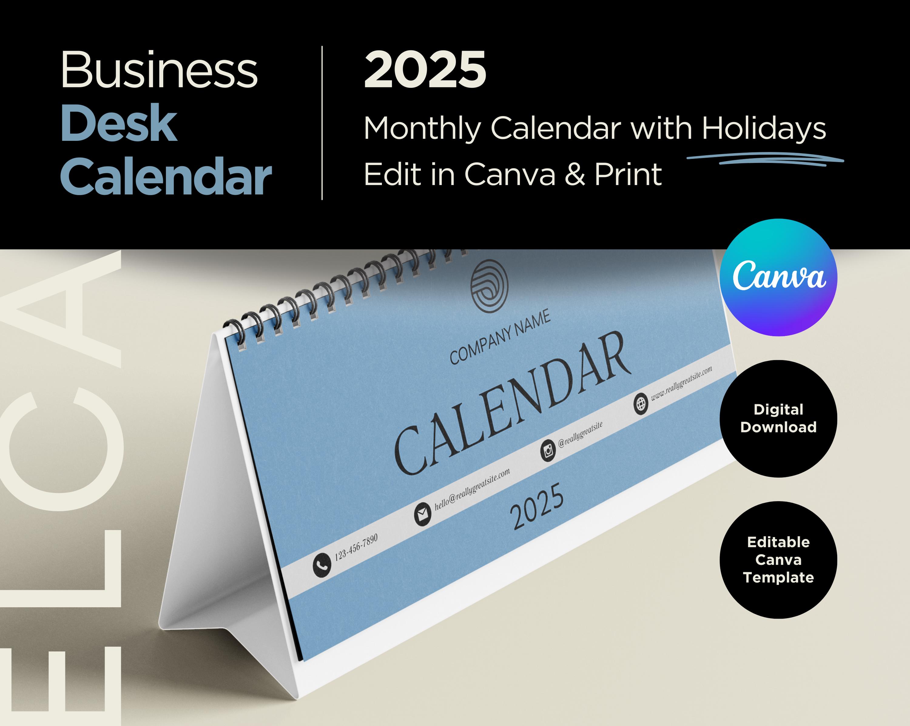 2025 Business Desk Calendar | Monthly Calendar With Holidays | Canva ...