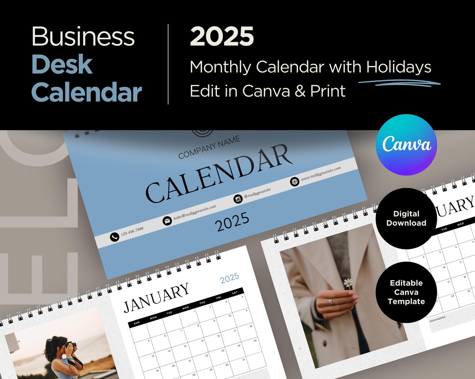 2025 Business Desk Calendar | Monthly Calendar With Holidays | Canva ...