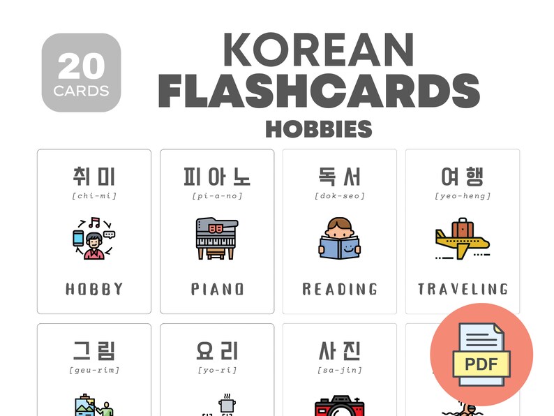 Korean Hobby Flashcards | Learn Korean Language | Educational Printable ...