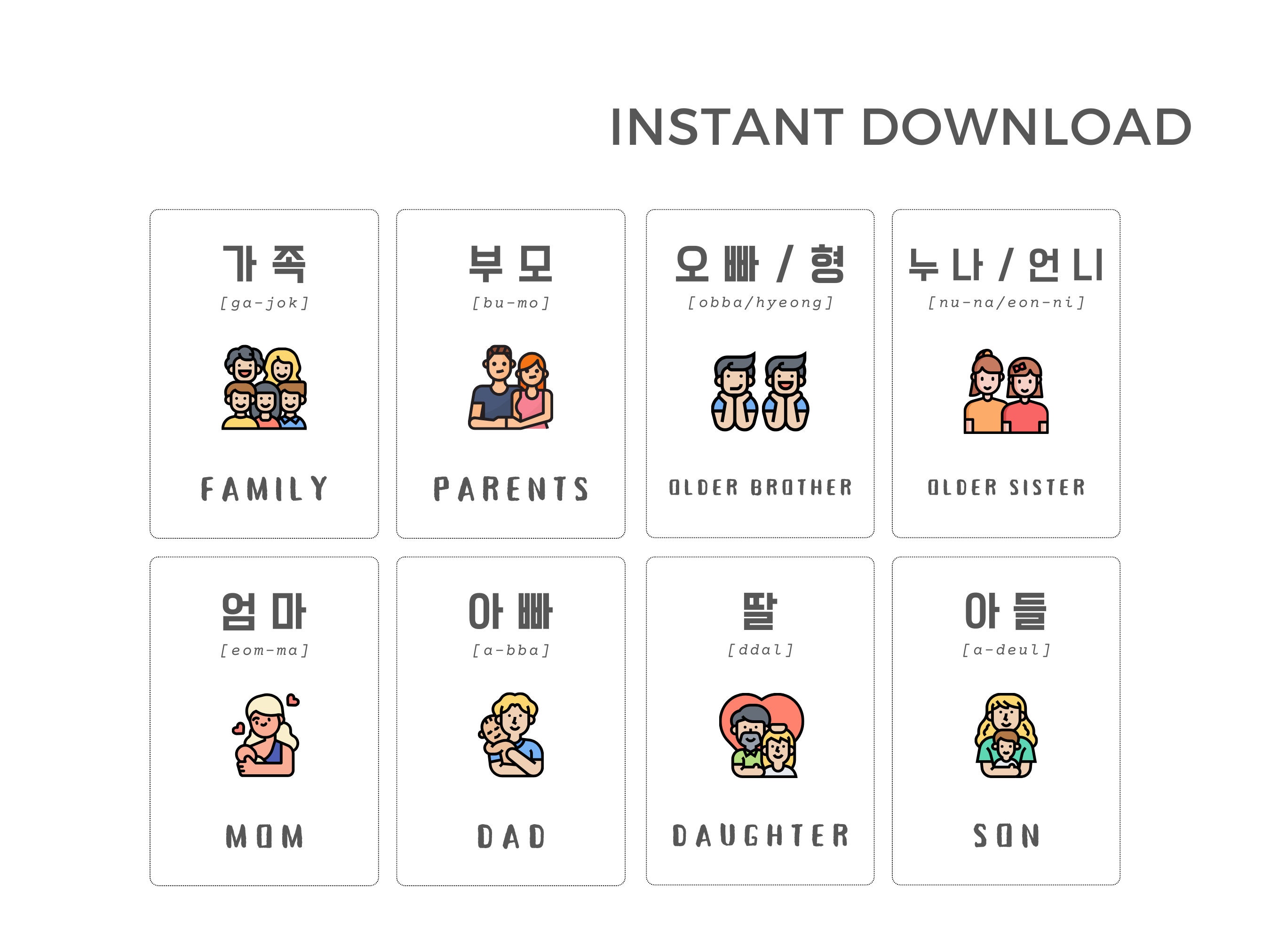 20 Korean Family Relations Flashcards | Learn Hangul Family Vocabulary ...