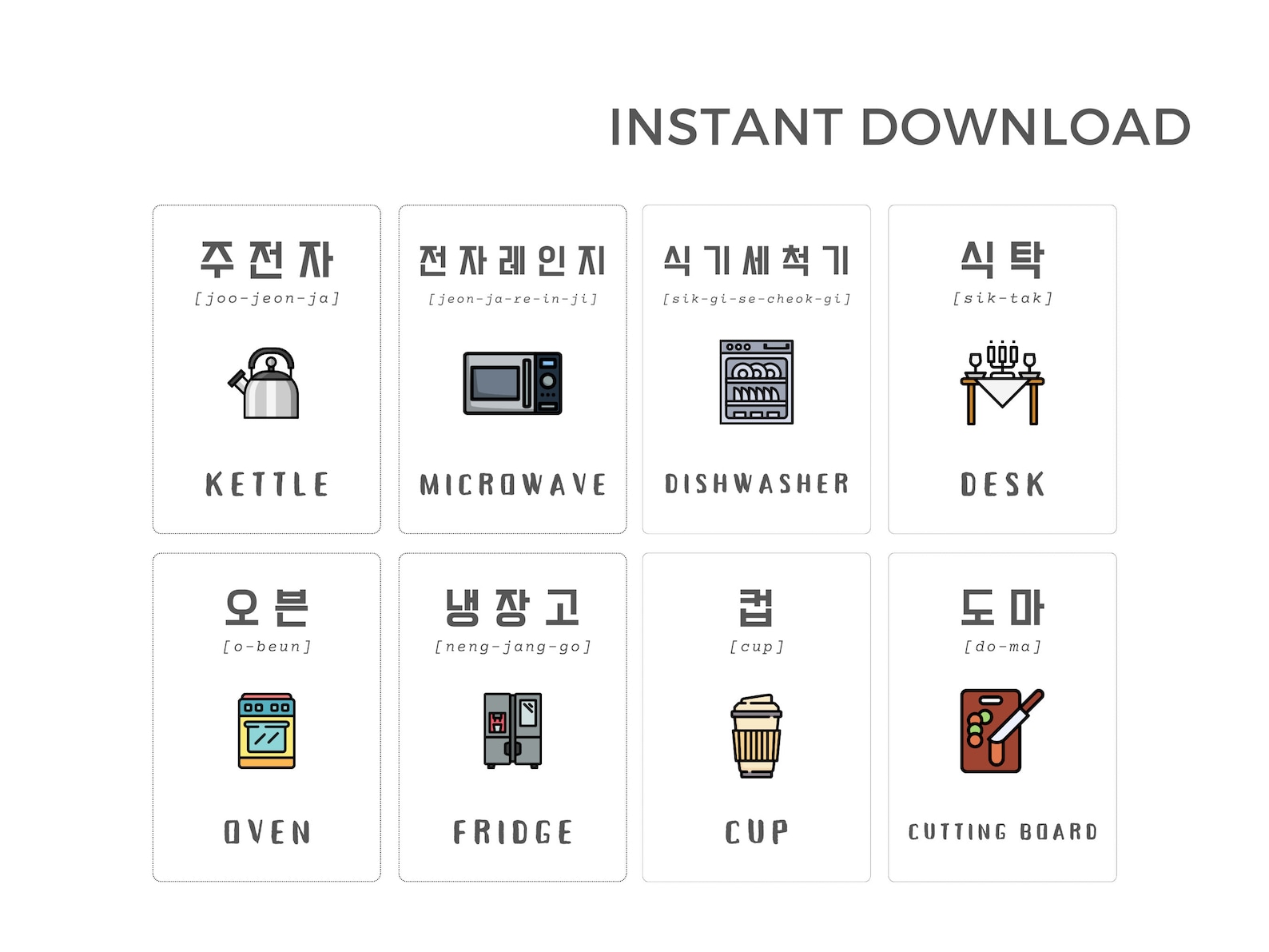 Korean Kitchen Flashcards | Learn Korean Language | Educational ...