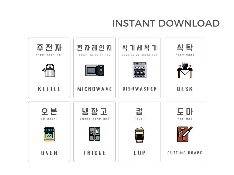 Korean Kitchen Flashcards | Learn Korean Language | Educational ...