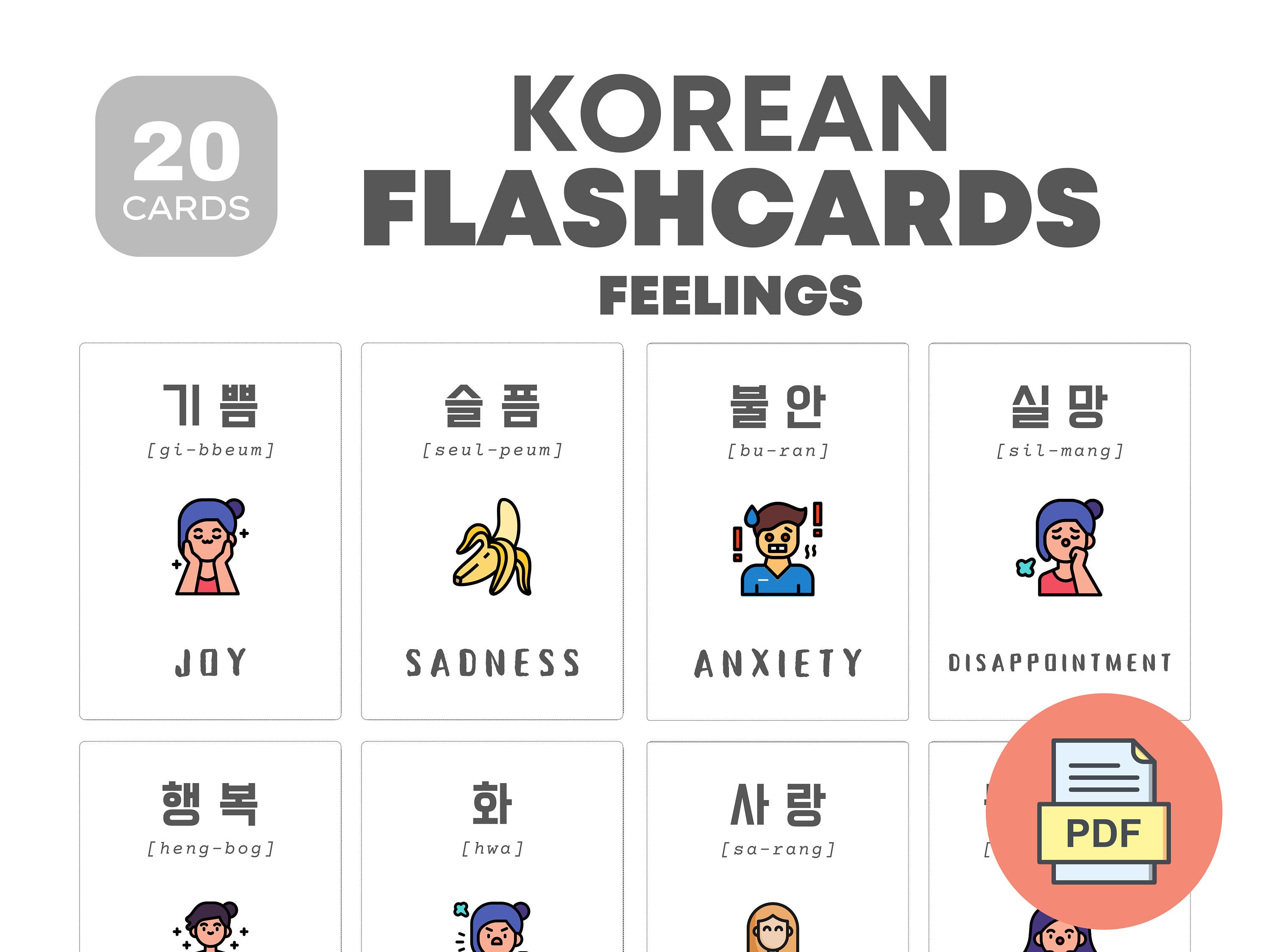Korean Feeling Flashcards Learn Korean Language Educational Printable ...