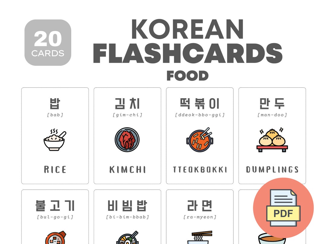 Korean Food Flashcards Learn Korean Language Educational Printable ...